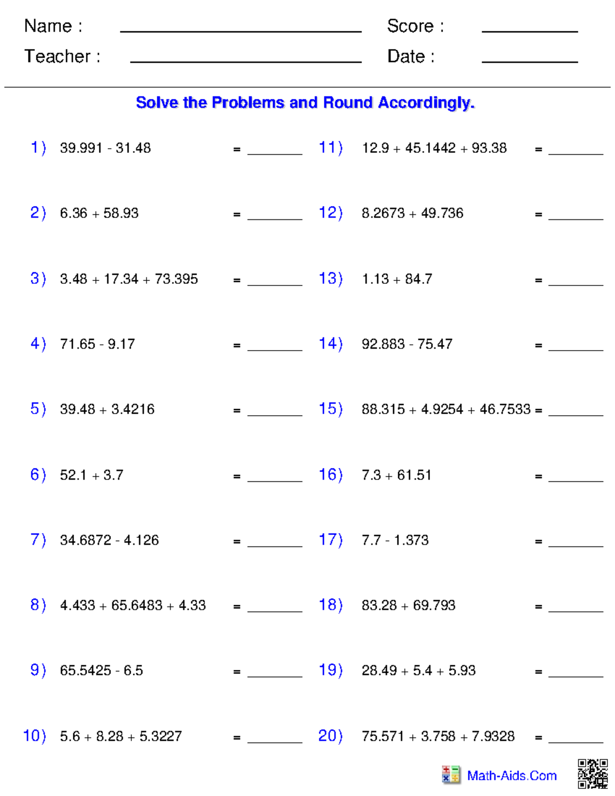 QSN ANSR - must - Name : Teacher : Date : Score : Math-Aids Solve the ...