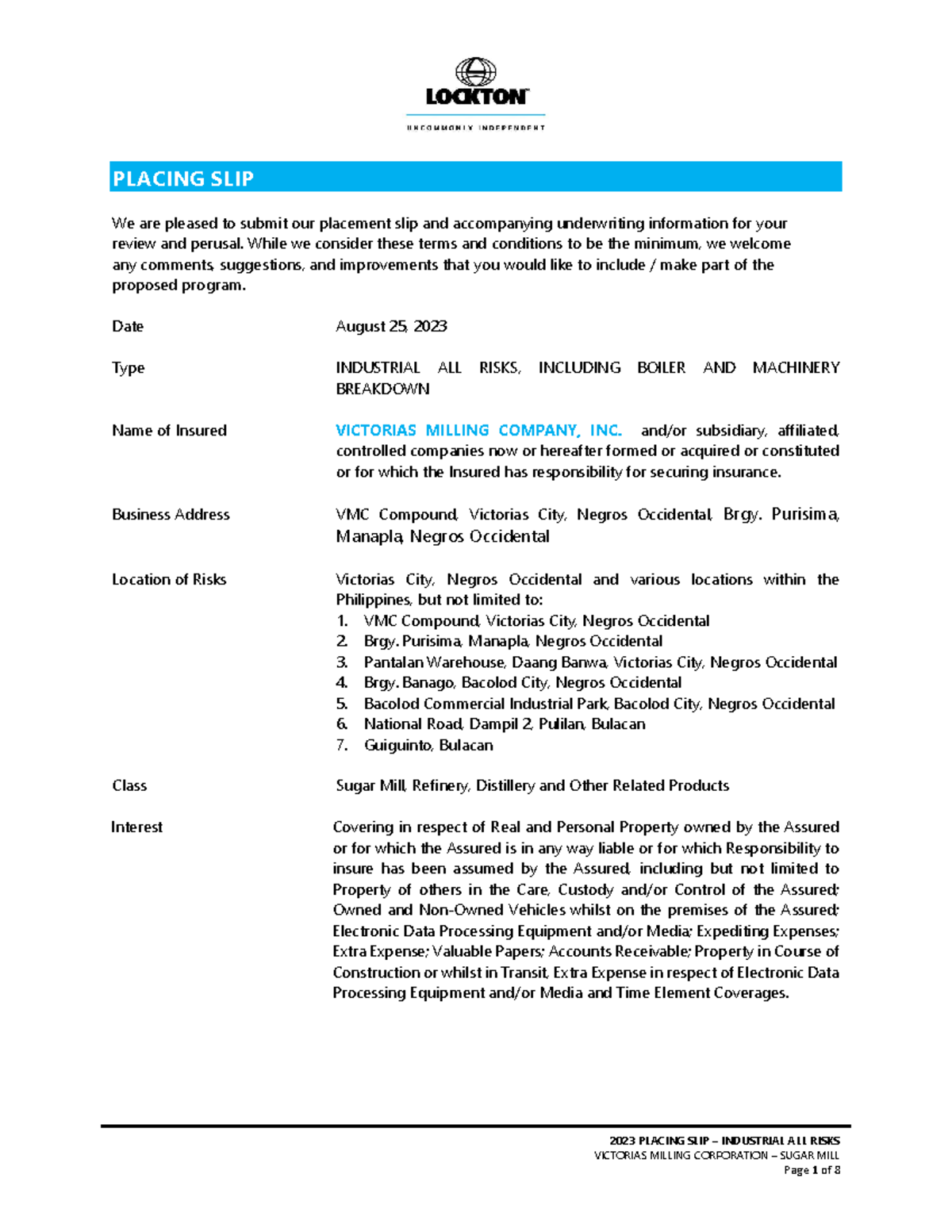 2023 VMC Sugarmill IAR Placing Slip - 2023 PLACING SLIP – INDUSTRIAL ...