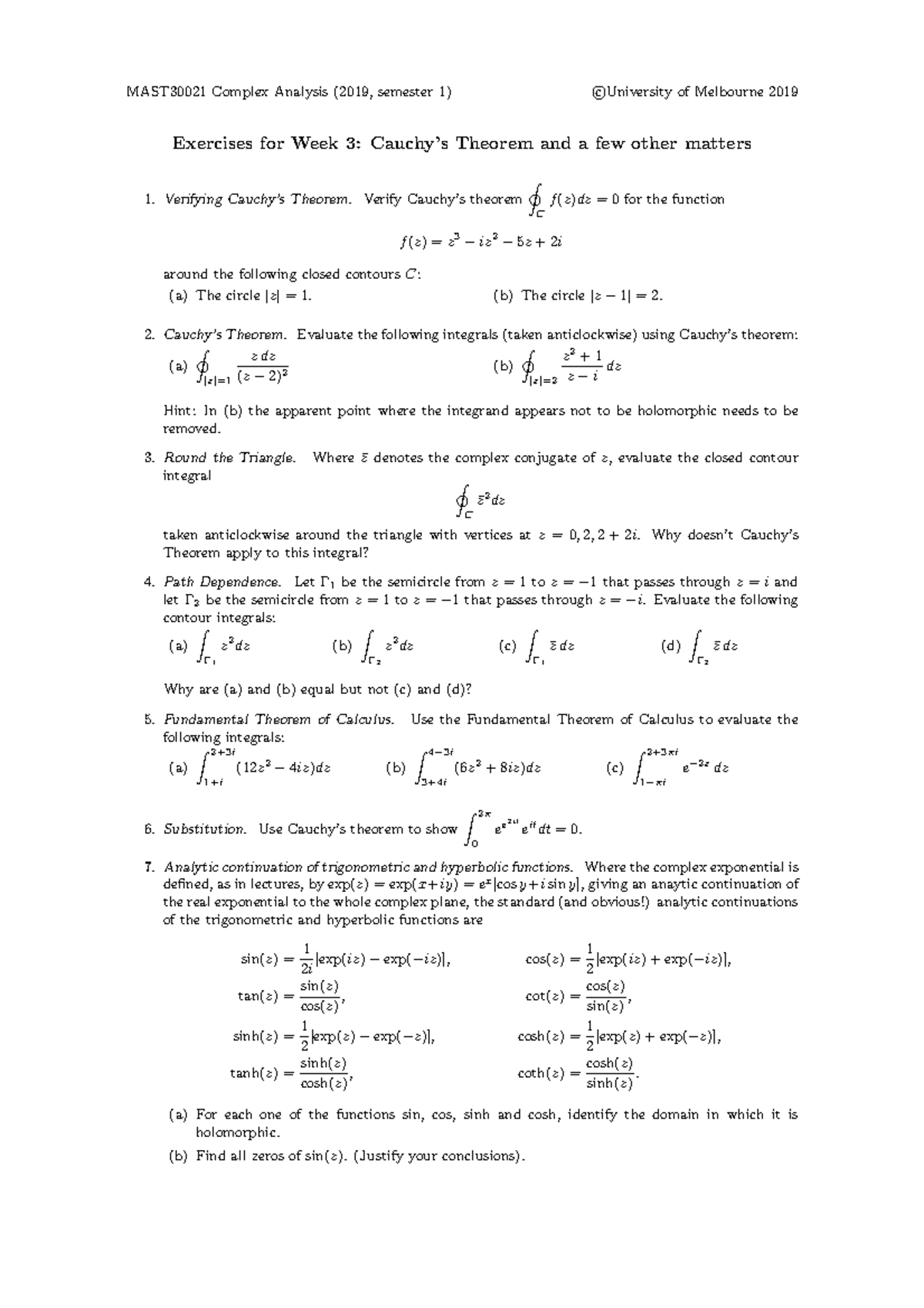 Exercises-03 - Tut sheets - MAST30021 Complex Analysis (2019, semester 1) cUniversity of ...