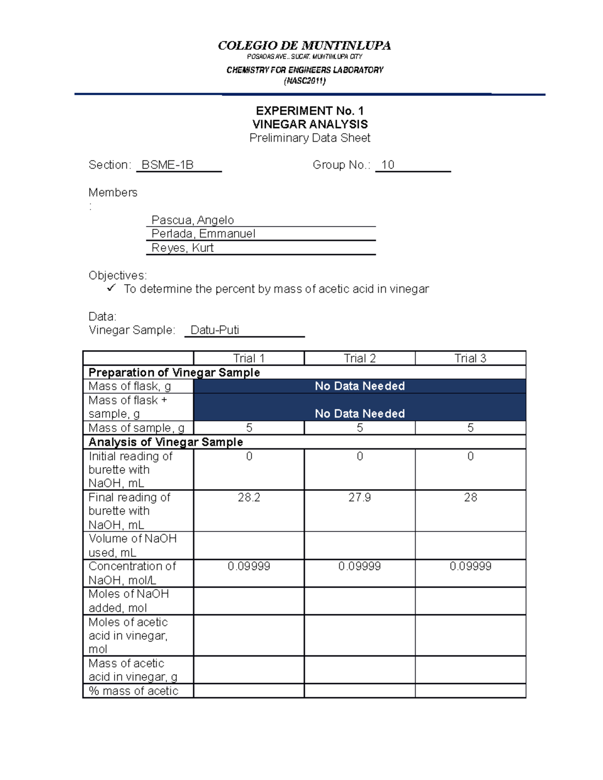 Experiment 1 Data Sheet - POSADAS AVE., SUCAT, MUNTINLUPA CITY ...