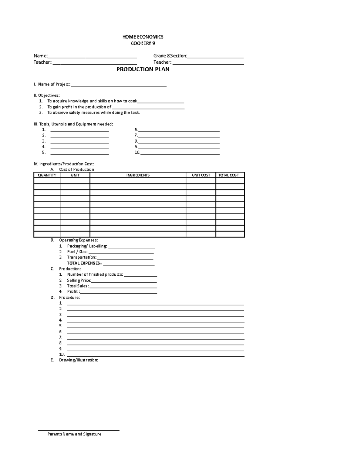 Production-Plan - h.e cookery 9 - HOME ECONOMICS COOKERY 9 Name