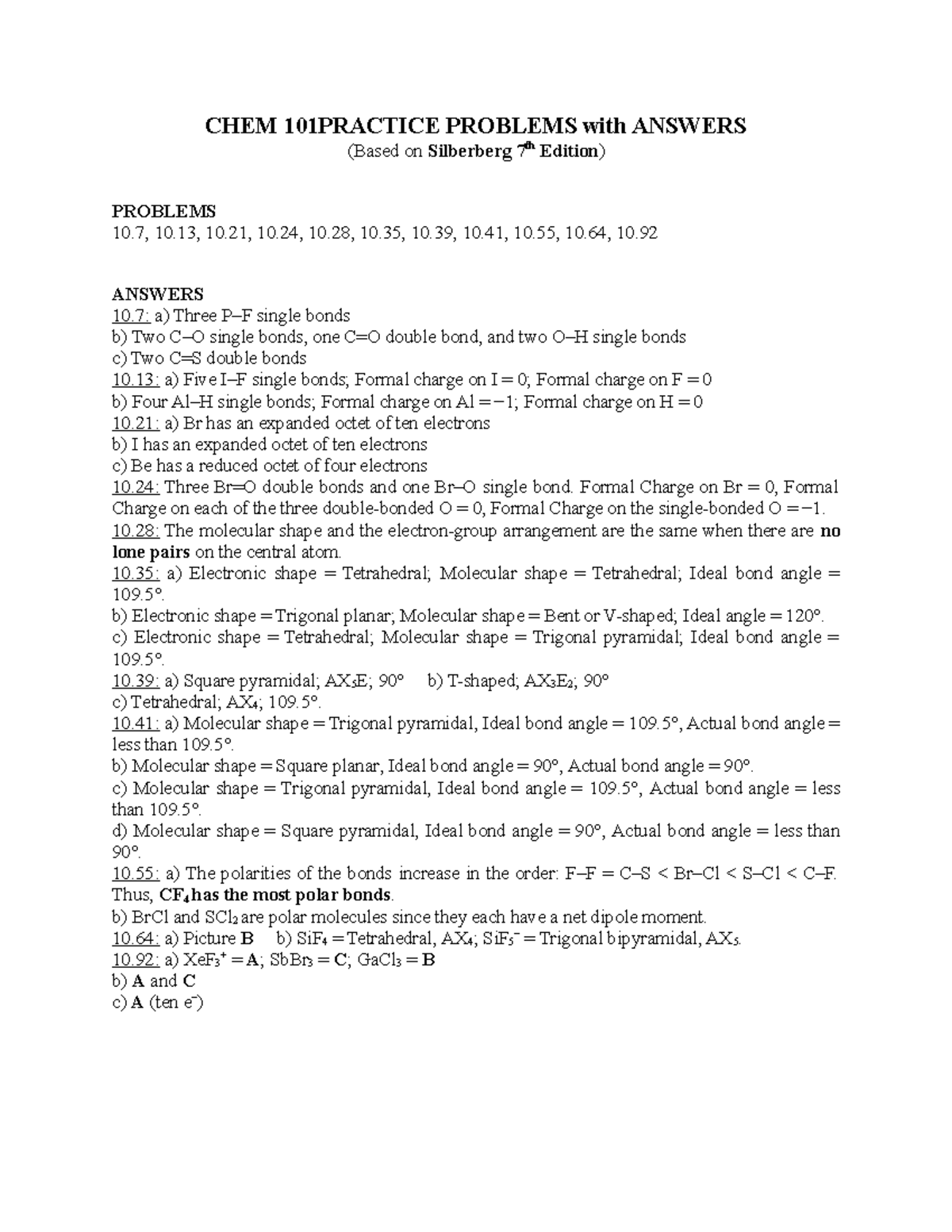 CHEM 101 Practice Problems with Answers ch 10 - CHEM 101PRACTICE ...