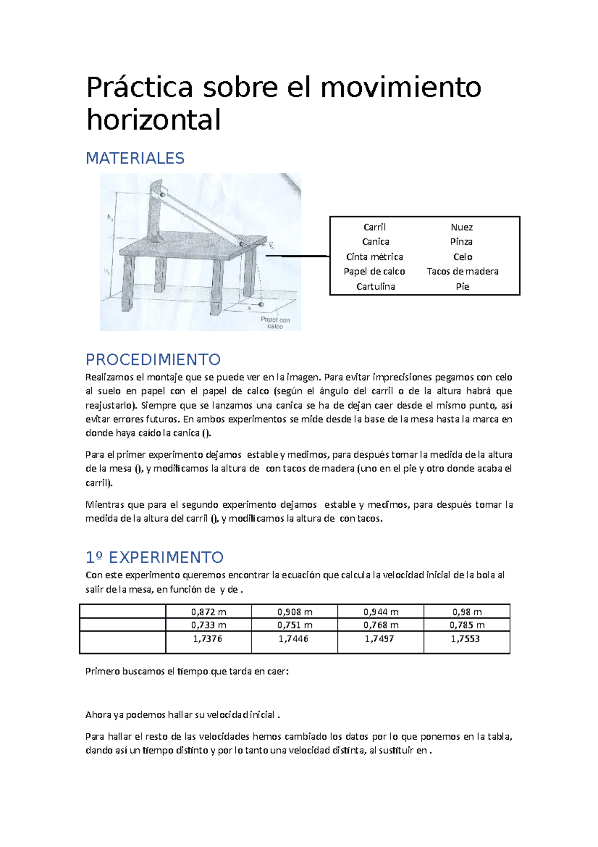 Práctica de laboratorio Tiro Horizontal - Práctica sobre el movimiento ...