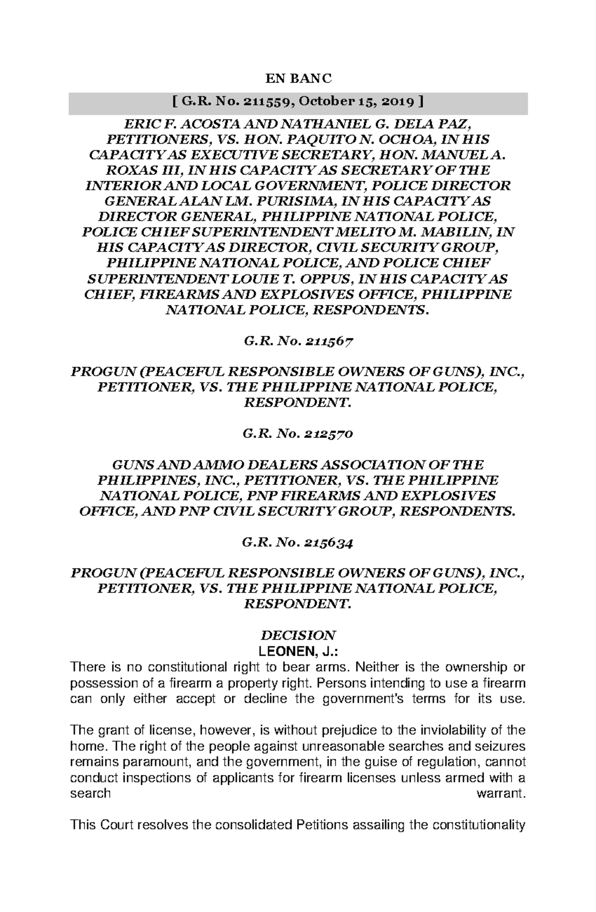 Acosta vs. Ochoa, GR 211559 (2019 ) - EN BANC [ G. No. 211559, October ...