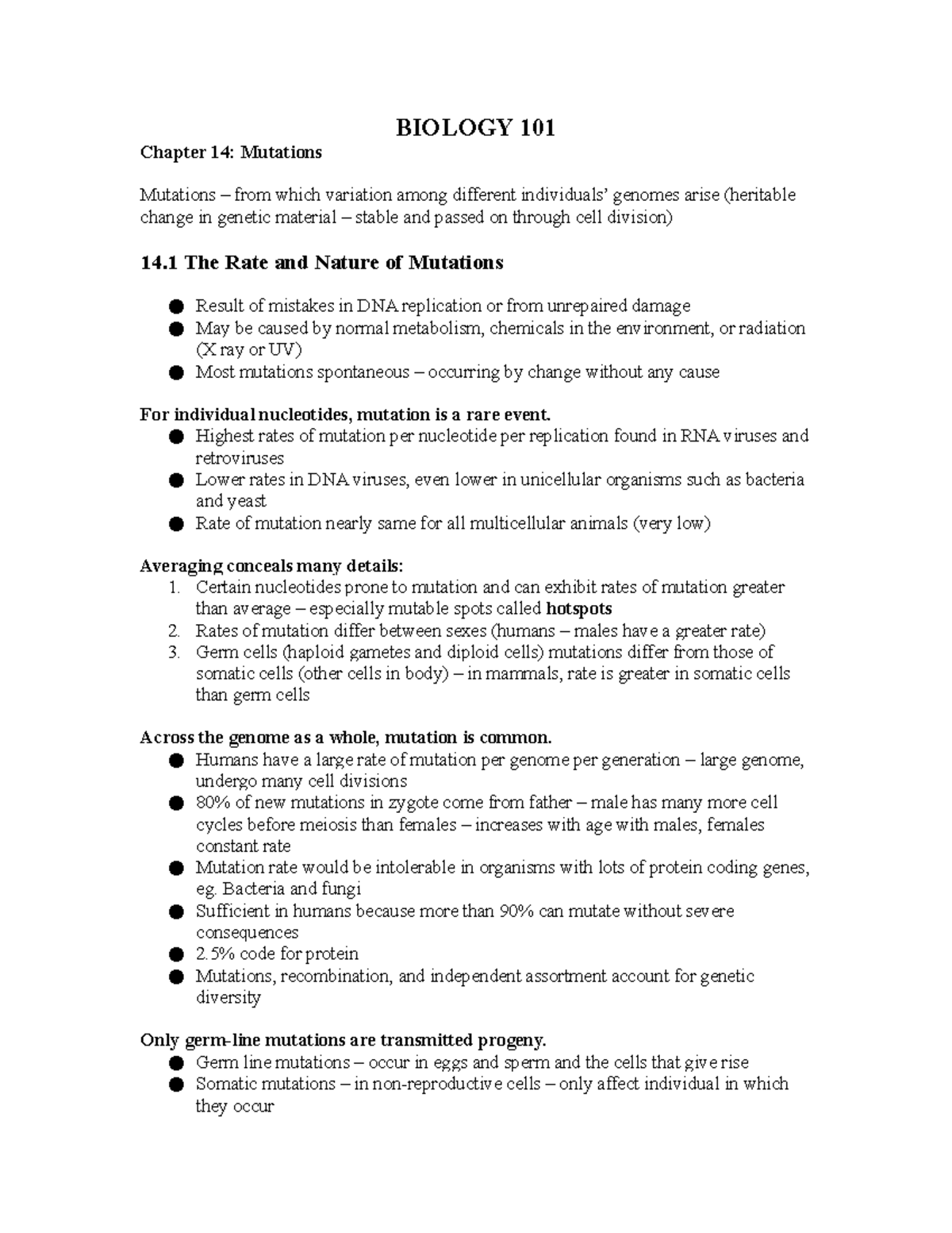 Biology Chapter 14 - Lecture notes 14 - BIOLOGY 101 Chapter 14 ...