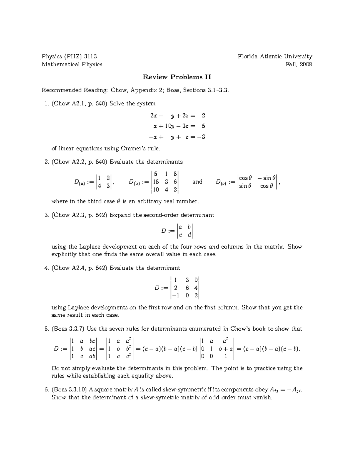 Review Problems 2 - Physics (PHZ) 3113 Florida Atlantic University Mathematical Physics Fall ...