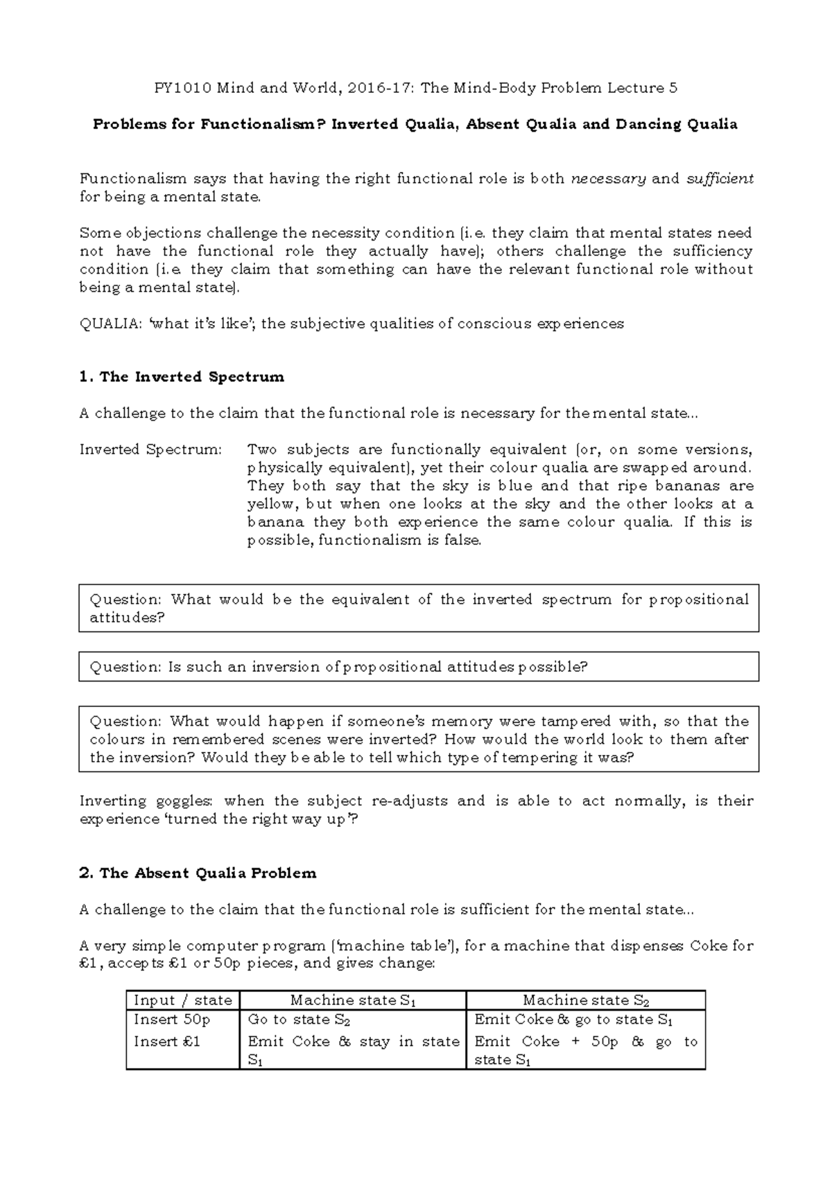 Notes 5___________ - PY1010 Mind and World, 20 16 - 17 : The Mind-Body ...