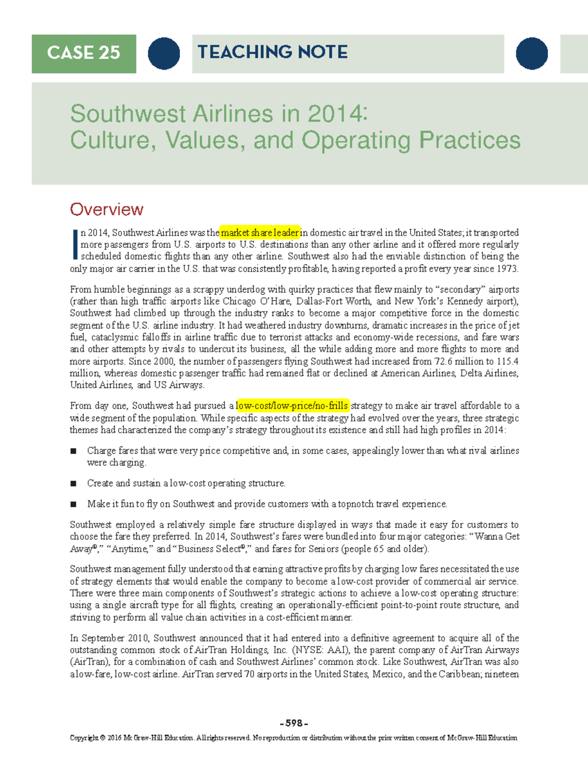 Southwest Aielines in 2014 - 598 – 598 – CASE 25 TEACHING NOTE ...
