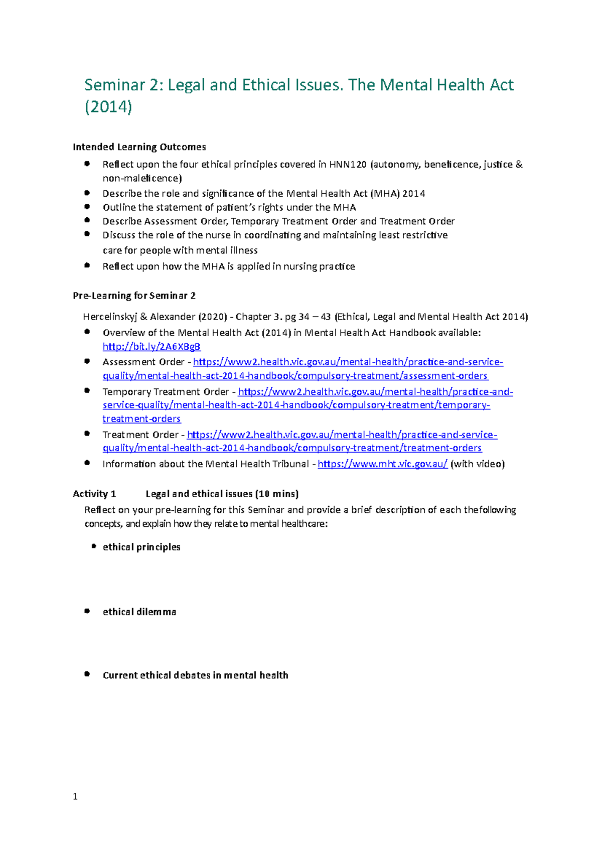 Mental Health and Illness_Week 1_Seminar 2 - Seminar 2: Legal and ...