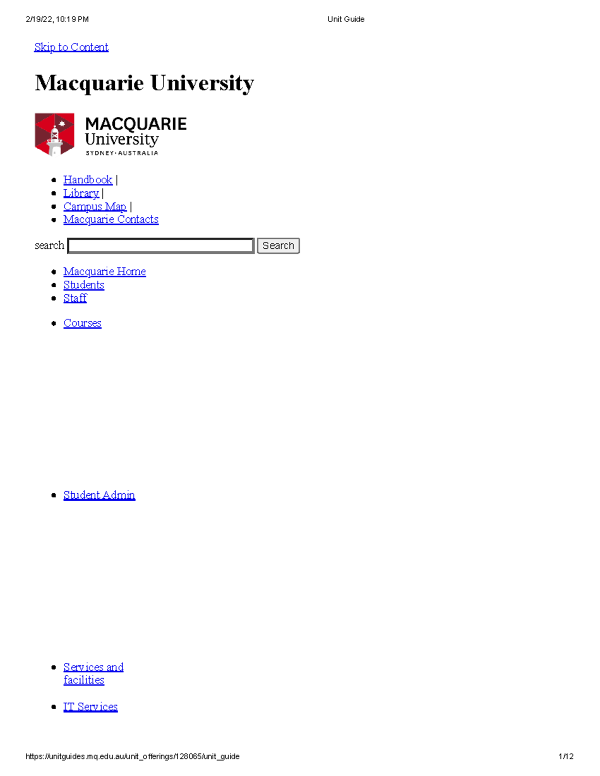 Unit Guide MQ Uni - Skip to Content Macquarie University Handbook ...