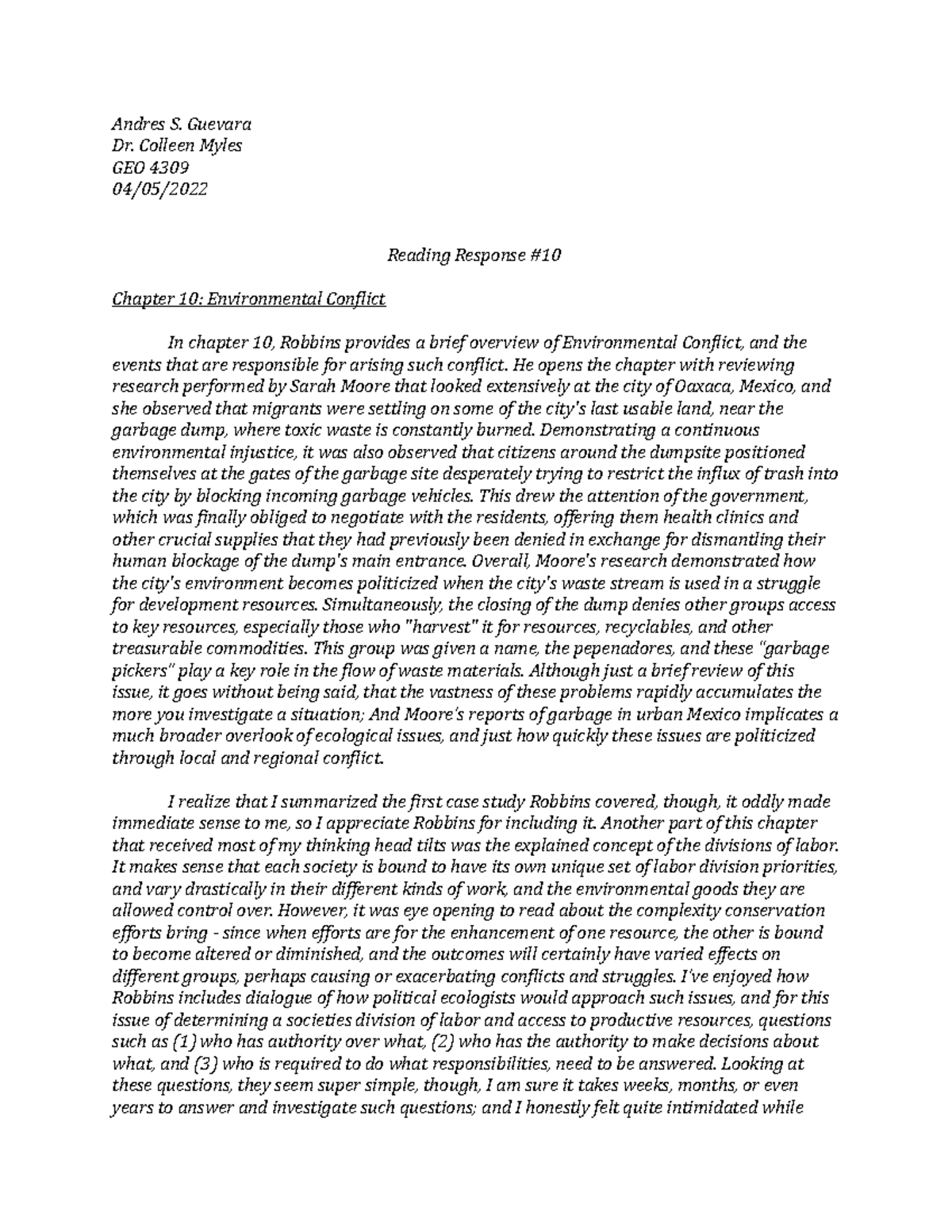 Reading Response #10 - rrr - Andres S. Guevara Dr. Colleen Myles GEO ...