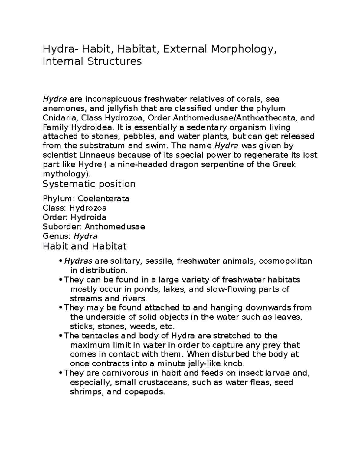 Hydra- Habit, Habitat, External Morphology, Internal Structures - It is ...