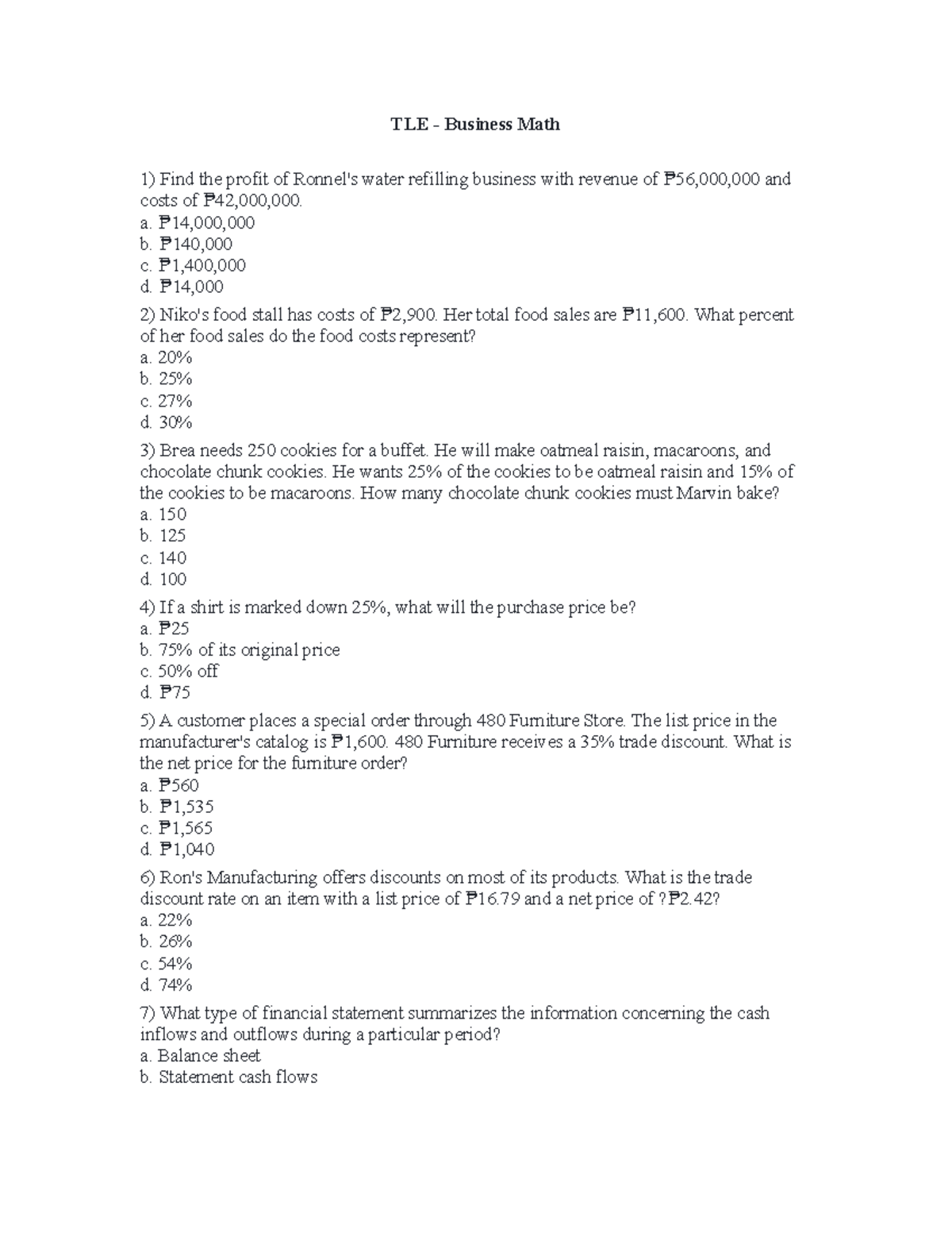 TLE EXAM - Business MATH - TLE - Business Math Find the profit of ...