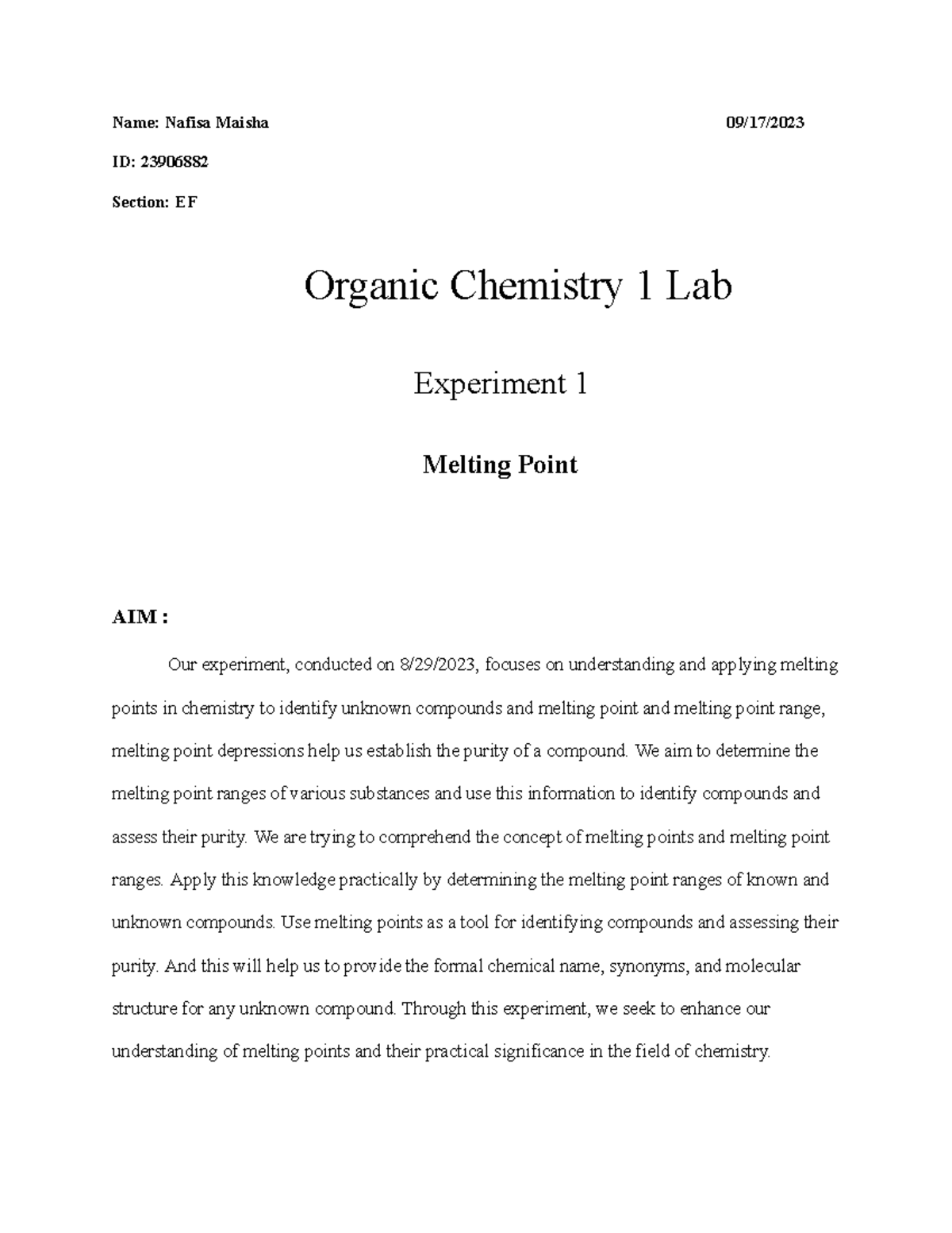 Orgo lab 1 - Orgo chem 1 lab 1 - Name: Nafisa Maisha 09/17/ ID ...