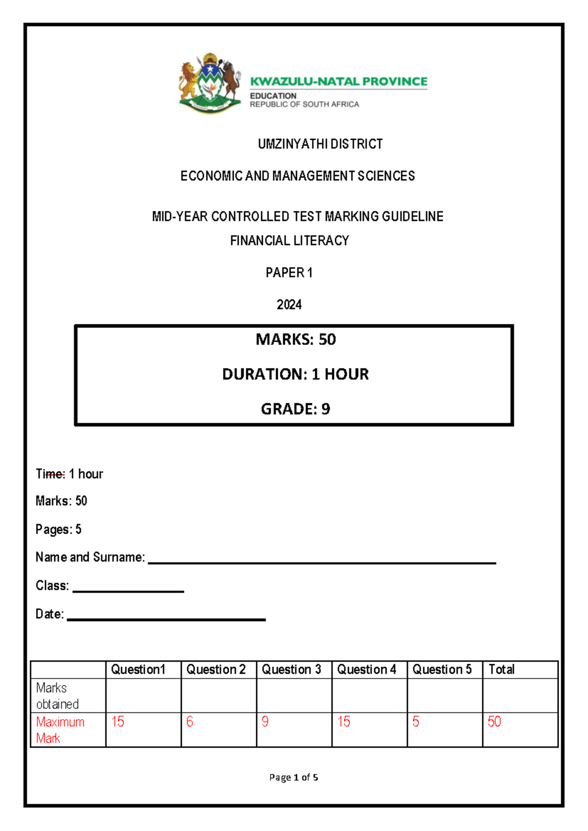 EMS Grade 9 Mid-Year Marking Guideline 2024 Controlled Test moderated ...