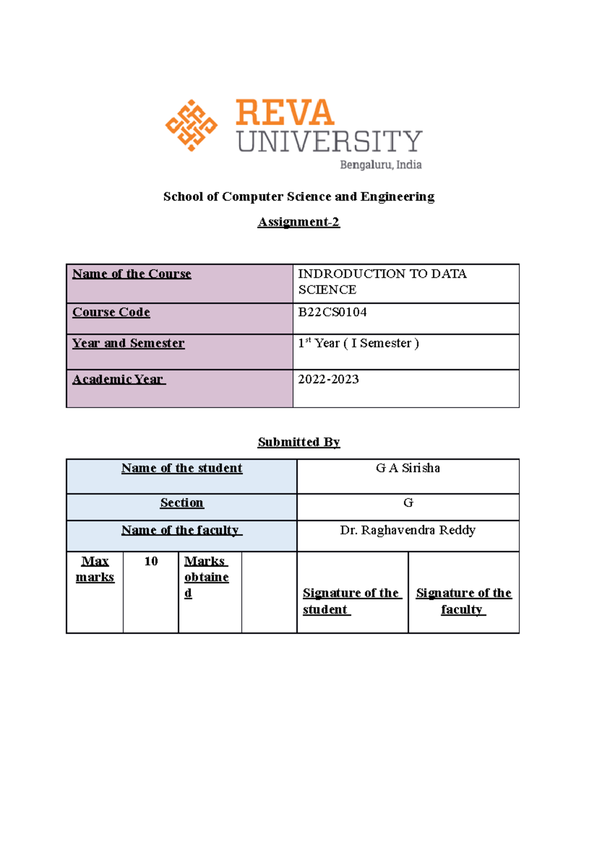 Assgn 2 ids - Assignment - School of Computer Science and Engineering Assignment- Name of the ...