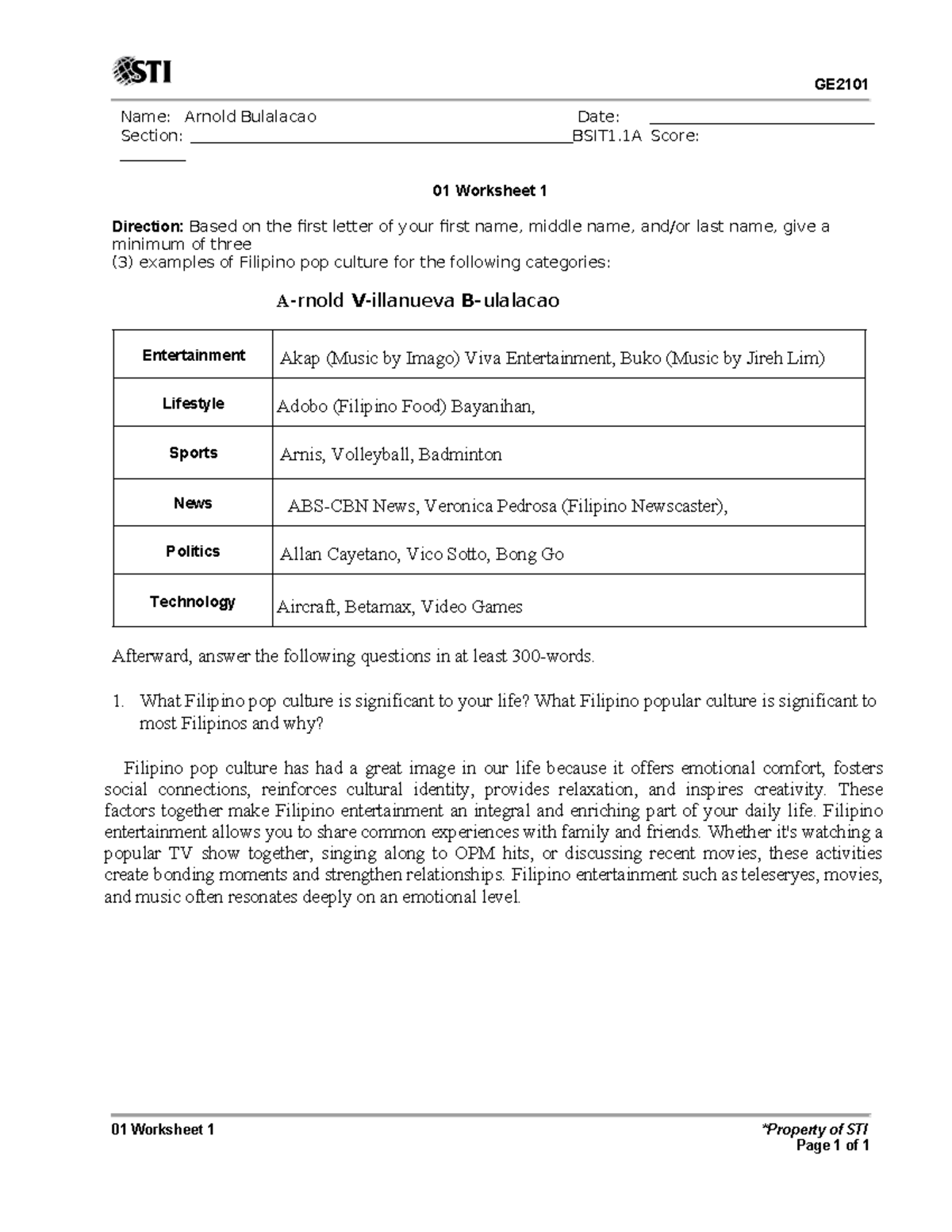 01 Worksheet 1(18) - GIVE YOU ADEA - GE Name: Arnold Bulalacao Date ...