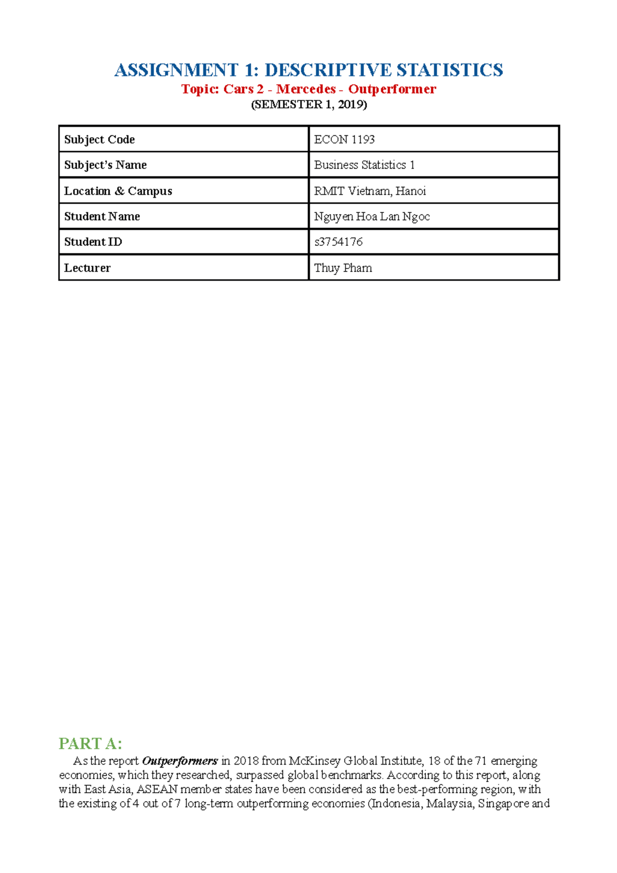 Assignment 1 - Descriptive Statistics - ECON1193 - s3754176 - Hanoi ...