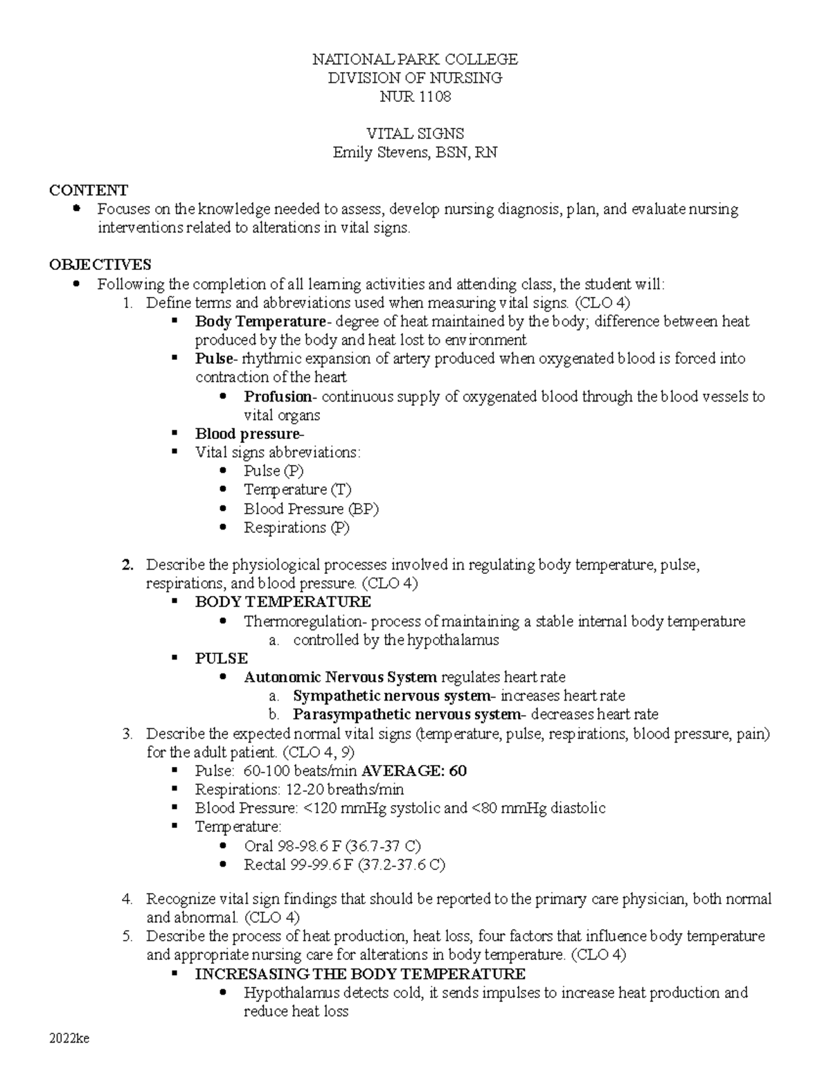Vital Sign Objectives 2023 - NATIONAL PARK COLLEGE DIVISION OF NURSING ...