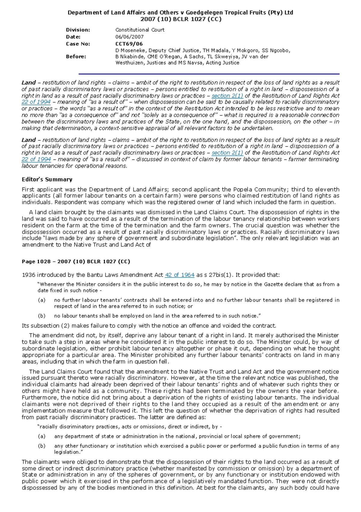 Popela - Department of Land Affairs and Others v Goedgelegen Tropical ...