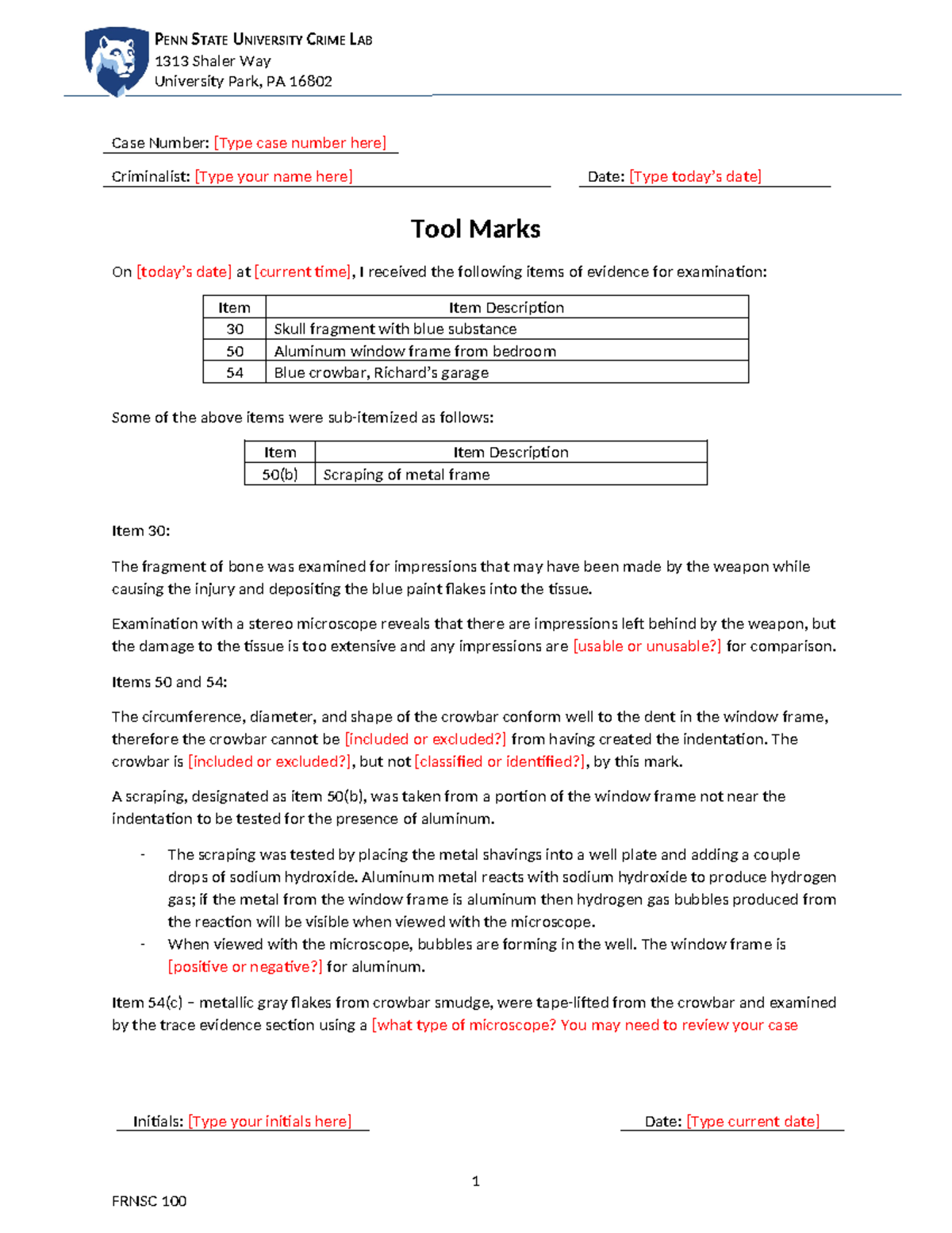 Case Notes - Tool Marks-1 - Initials: [Type your initials here] Date ...