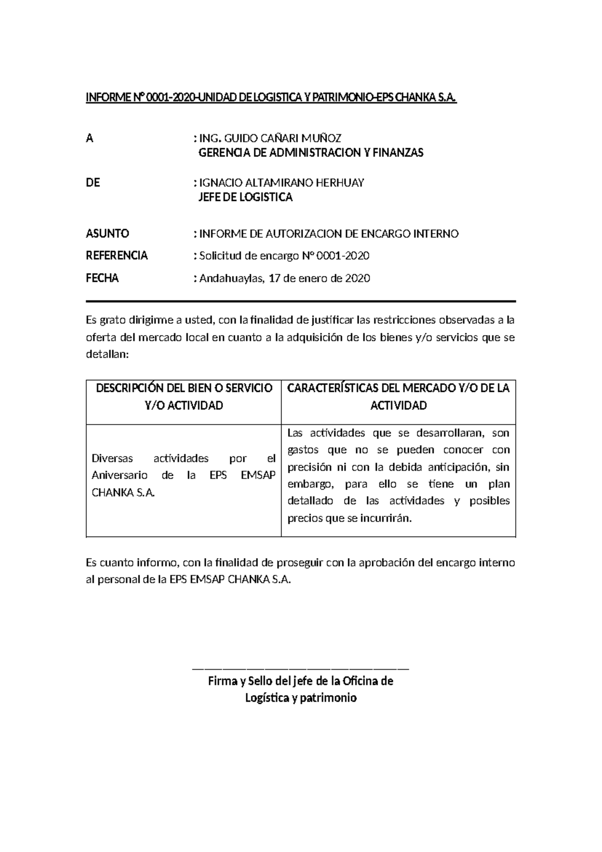 495525835 Modelo Encargo Interno - INFORME N° 0001-2020-UNIDAD DE ...