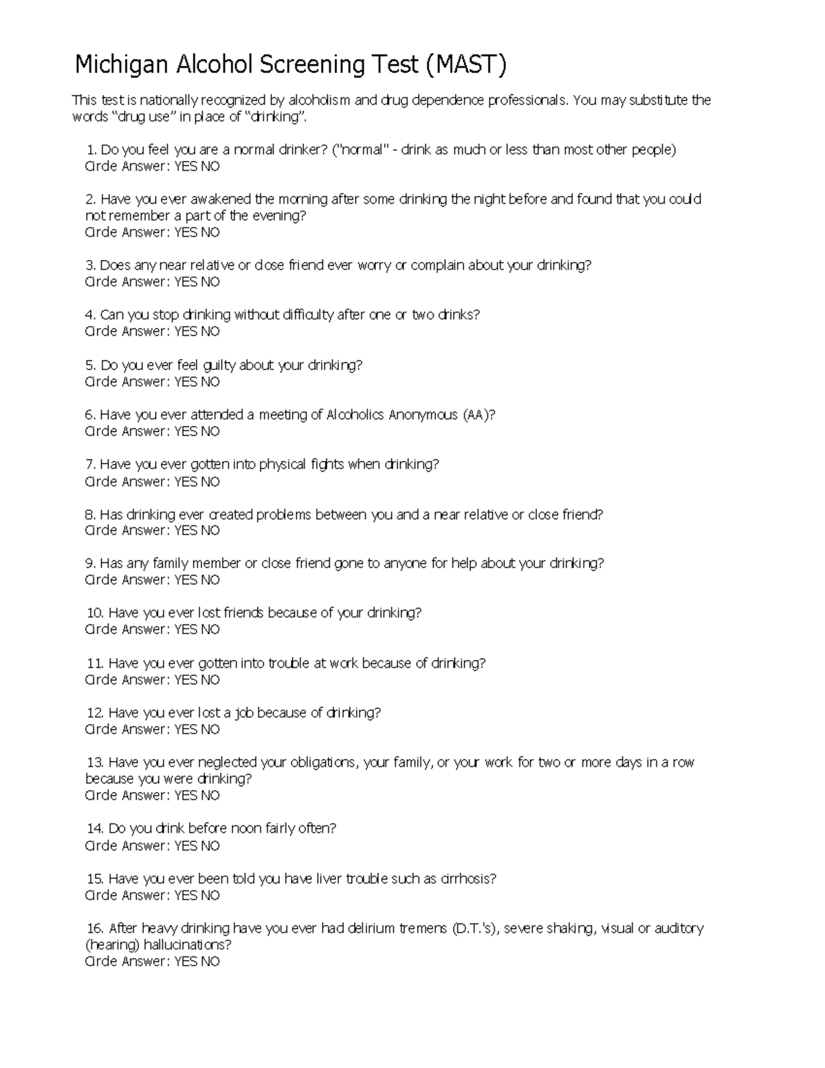 MAST - MAST tool - Michigan Alcohol Screening Test (MAST) This test is ...