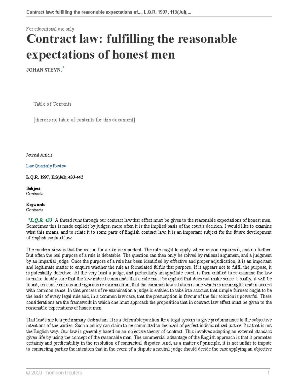 Contract law fulfilling the reasonable expectations of honest men - For ...