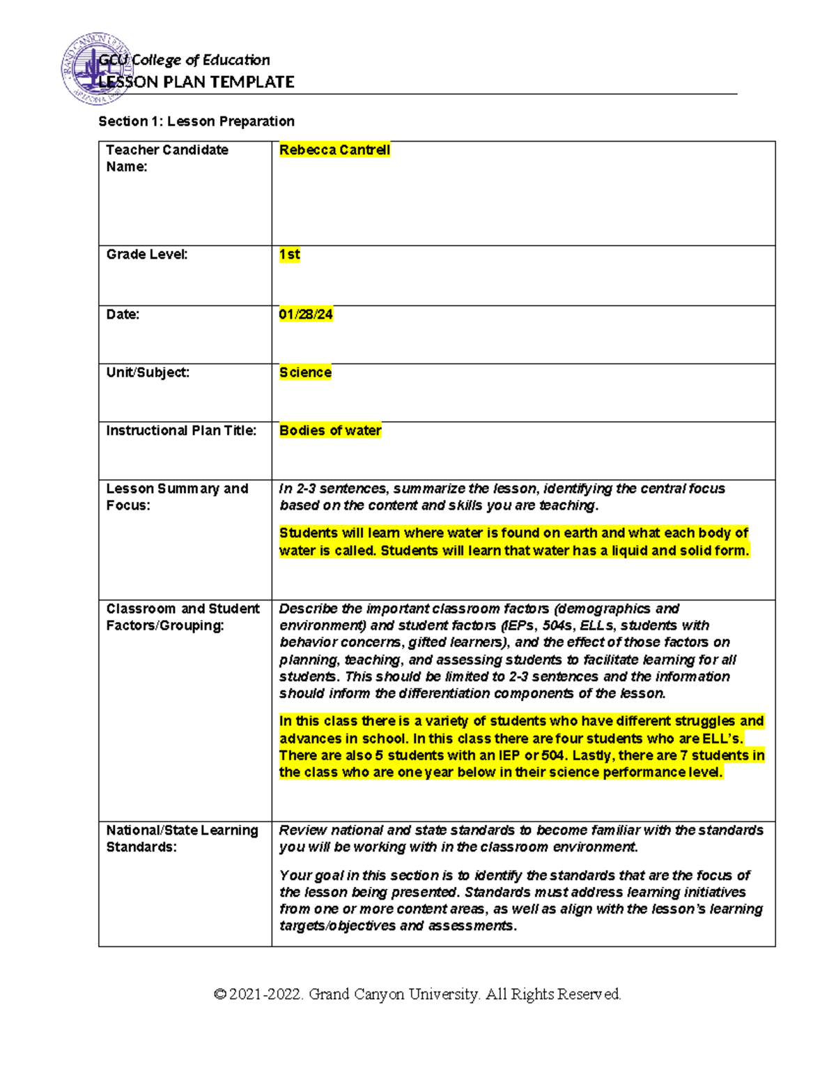 Science lesson - LESSON PLAN TEMPLATE Section 1: Lesson Preparation ...
