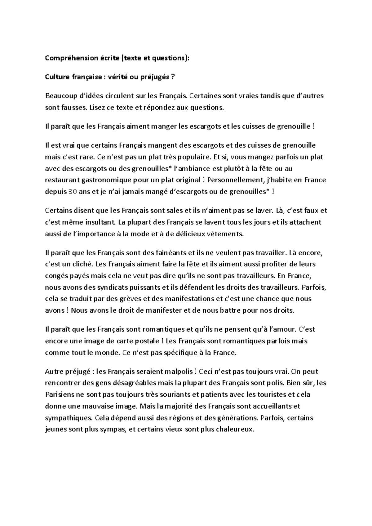 Francuski lektura A1 - Compréhension écrite (texte et questions ...