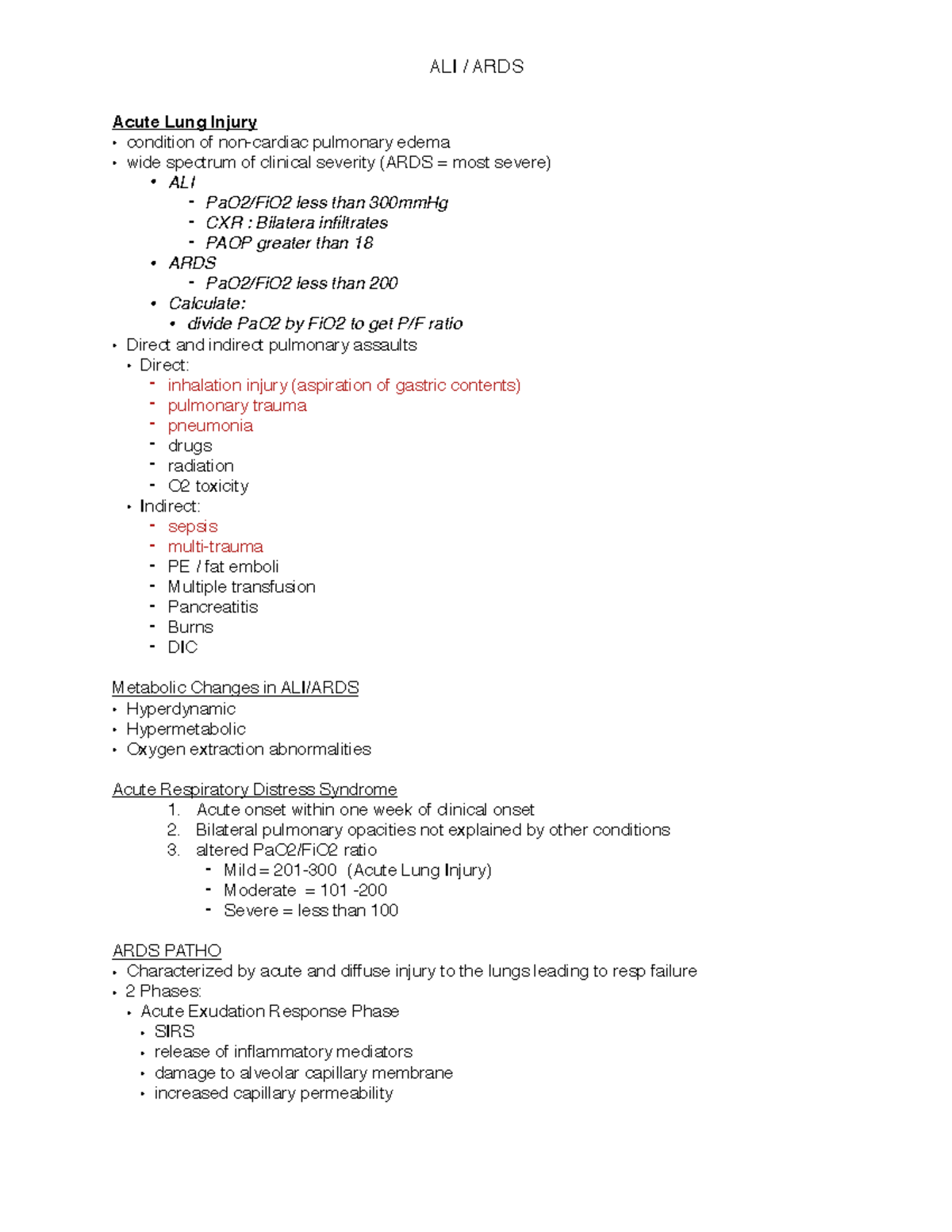 ALI ARDS - Notes - Acute Lung Injury condition of non-cardiac pulmonary ...