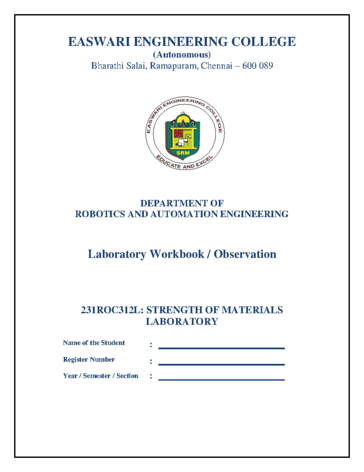 Som lab manual - EASWARI ENGINEERING COLLEGE (Autonomous) Bharathi ...