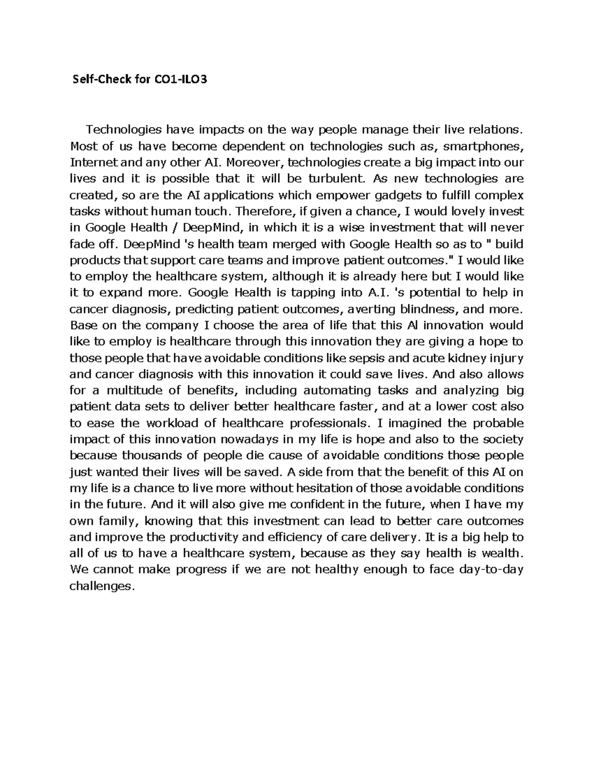 Self-Check for CO1-ILO3 - Self-Check for CO1-ILO Technologies have ...