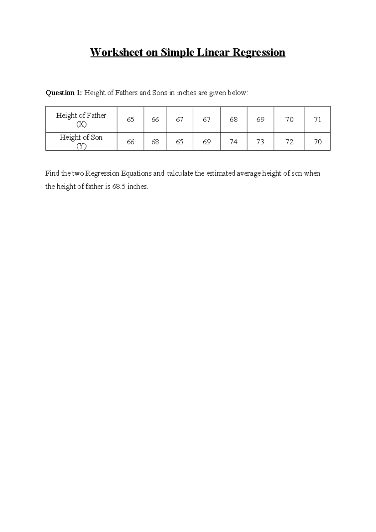 Worksheet Regression - Worksheet on Simple Linear Regression Question 1 ...