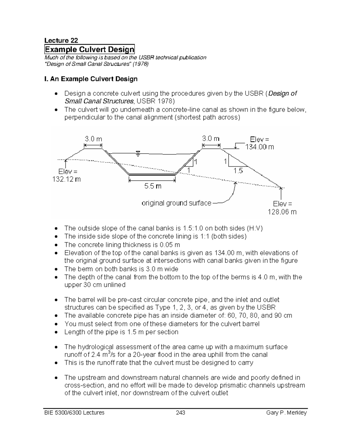 22 example culvert design - Lecture 22 Example Culvert Design Much of ...