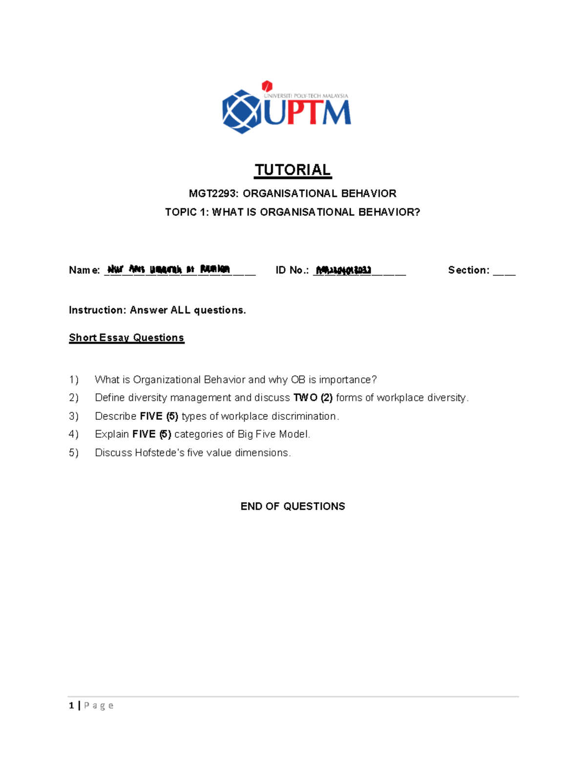 Tutorial Chapter 1 - Tuto - 1 | P a g e TUTORIAL MGT2293 ...