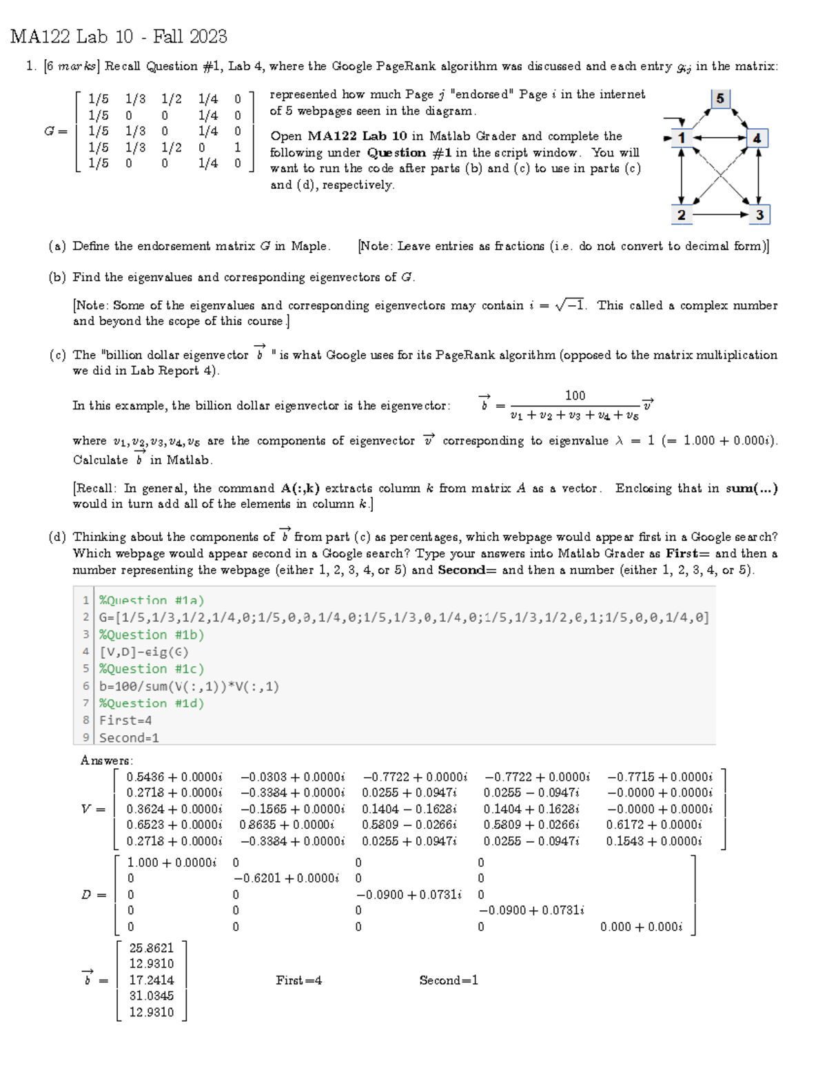 This is a linoalgey solution - MA122 Lab 10 - Fall 2023 [6 marks] Recall Question #1, Lab 4 ...