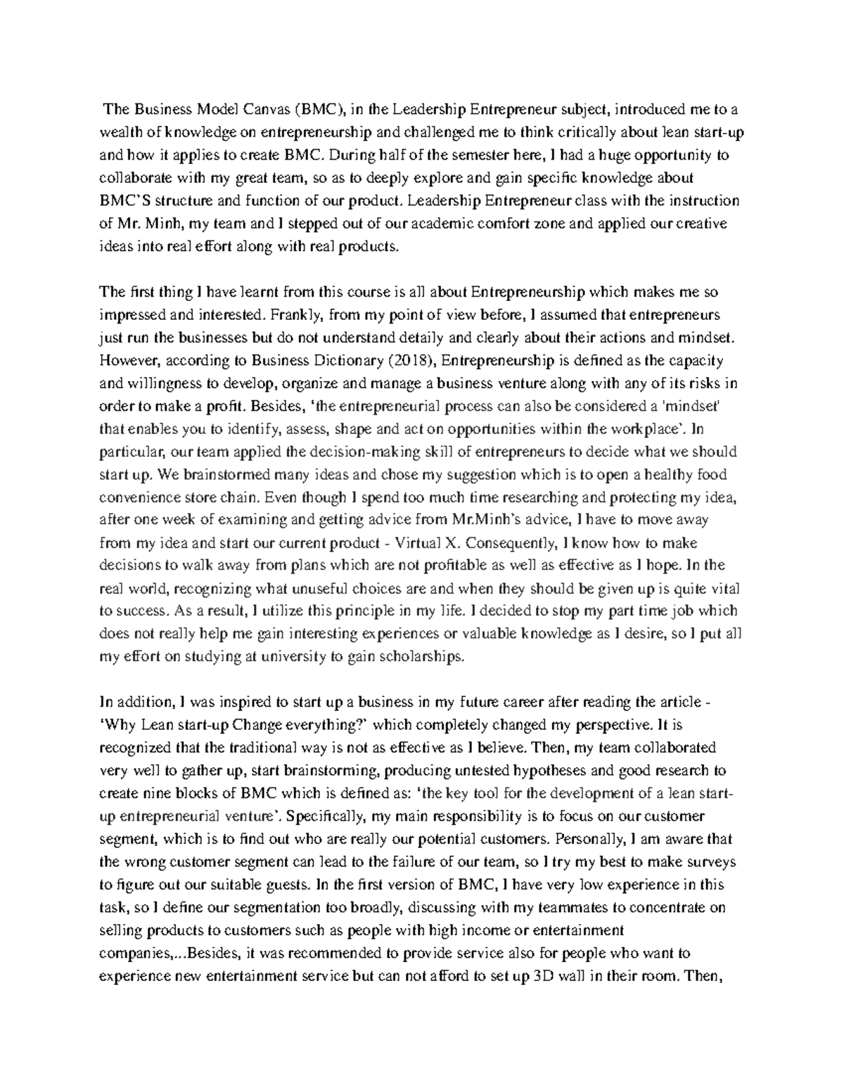 Enterprise Leadership SELF Reflection - The Business Model Canvas (BMC ...