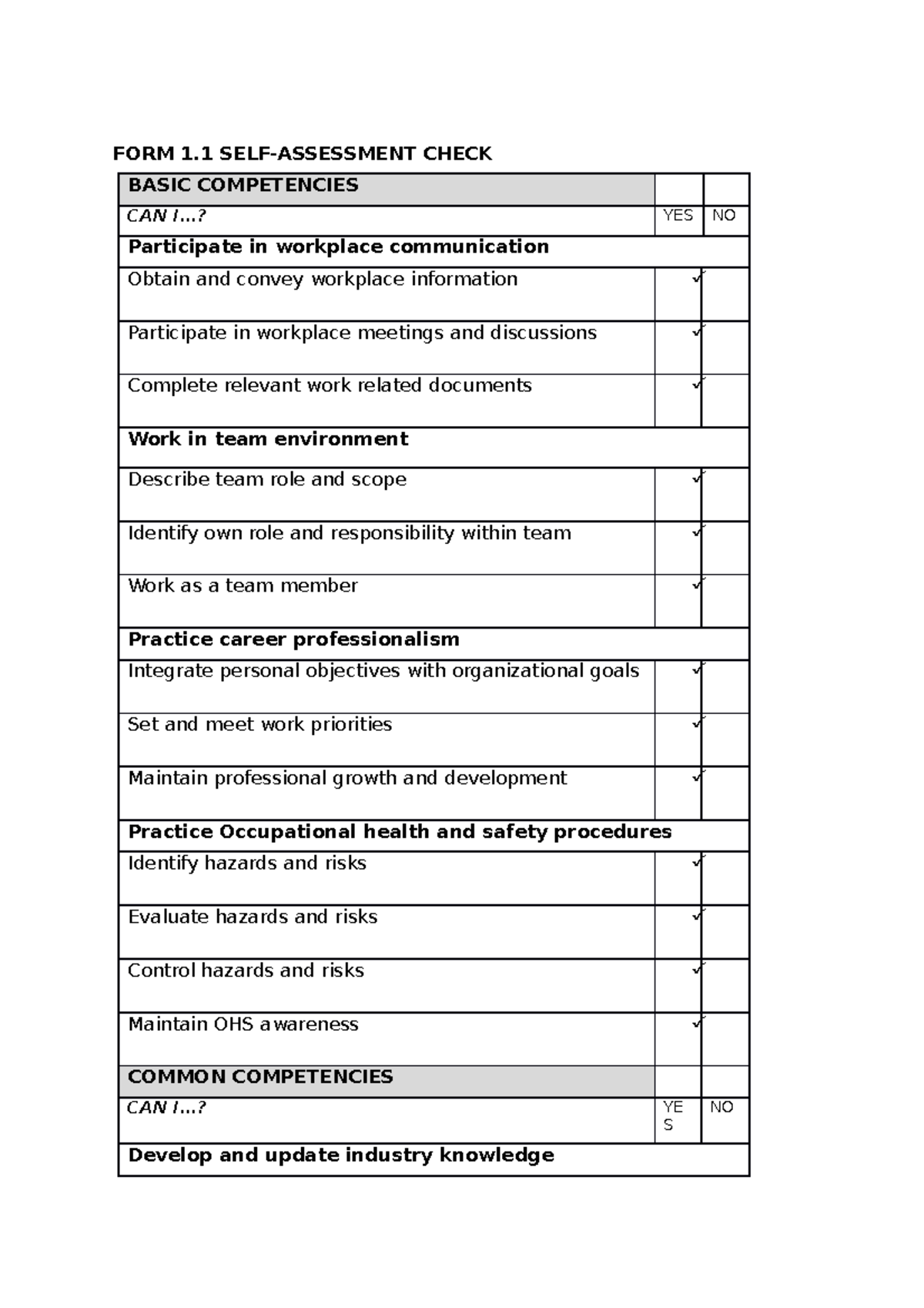 TNASampe BPP - Its a comprehensive topic - FORM 1 SELF-ASSESSMENT CHECK BASIC COMPETENCIES CAN I ...