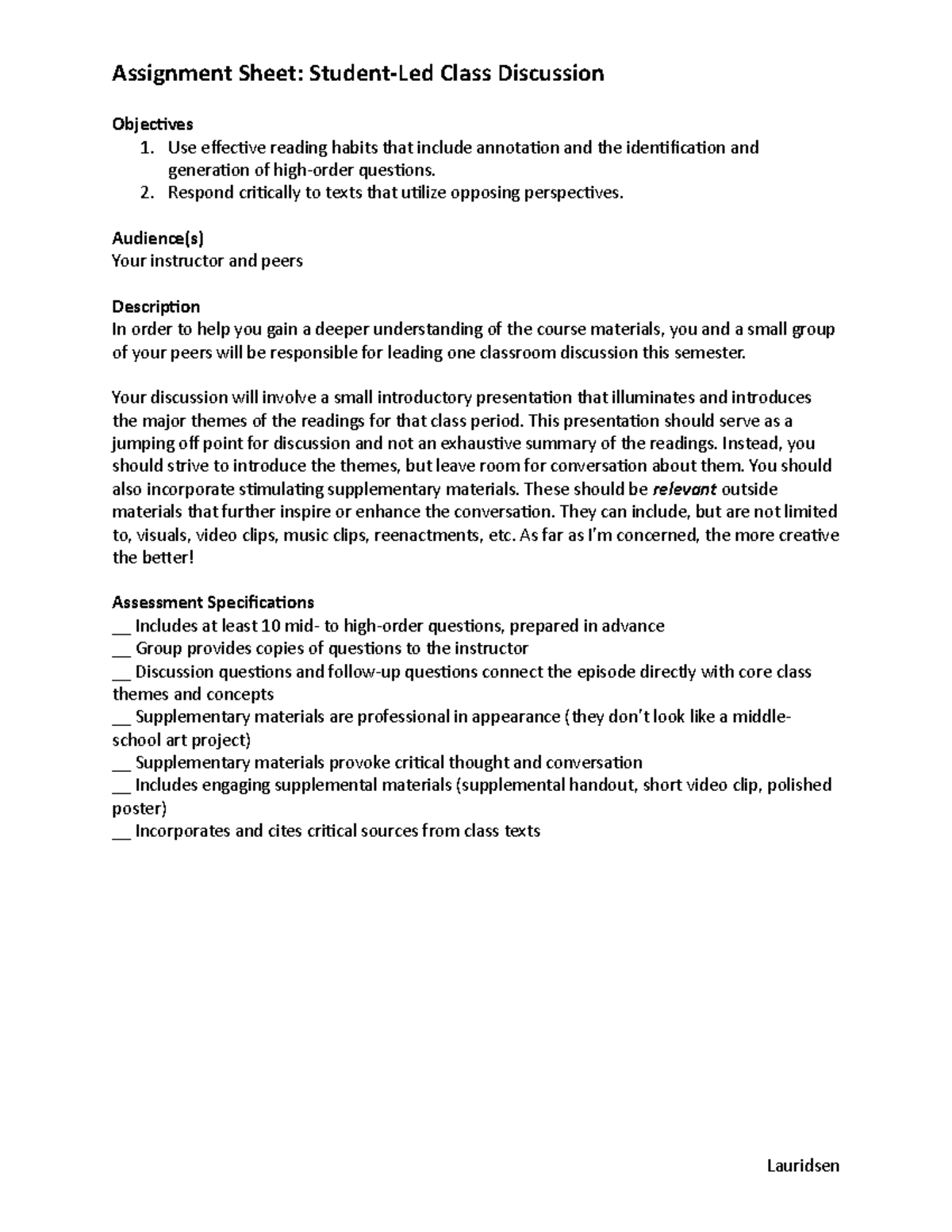 Assignment - Student Led Class Discussion - Assignment Sheet: Student ...