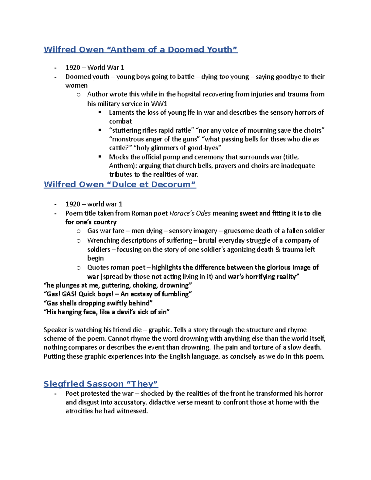 British literature Poetry notes - Wilfred Owen “Anthem of a Doomed ...