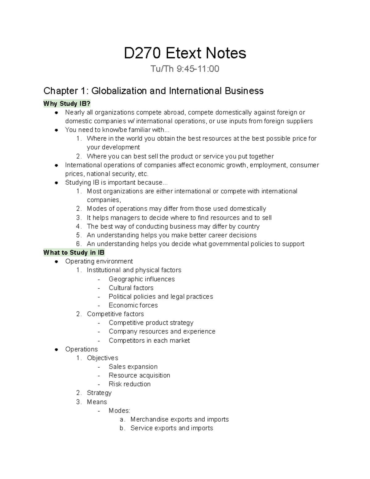 D270 Reading Notes - Professor Garcia Global Environments of Business ...