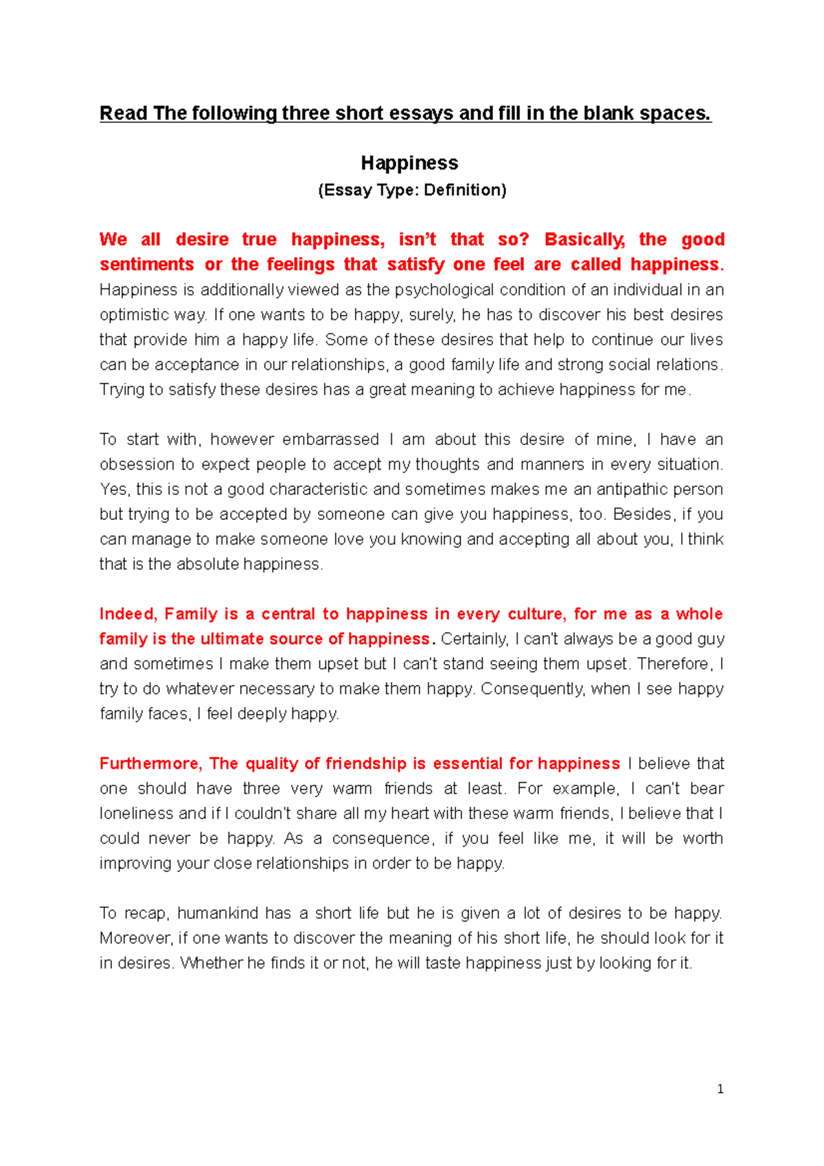 Component Completion of Short Essays - Read The following three short ...