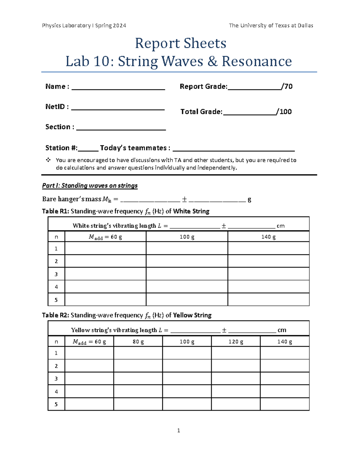 Lab10 Report - Djdjjdf - Report Sheets Lab 10: String Waves & Resonance Name : - Studocu