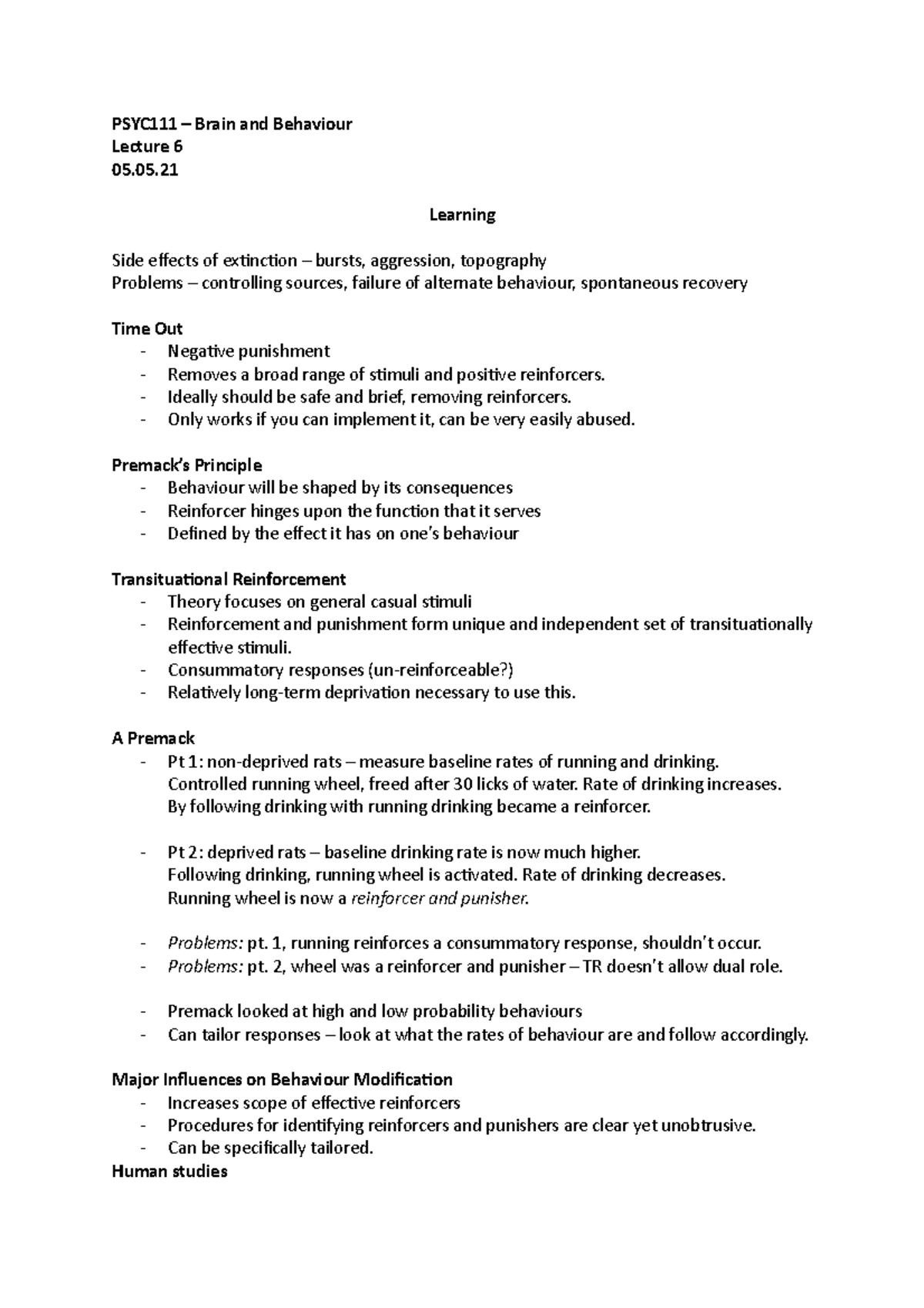 PSYC111 Lecture 6 - Brain and Behaviour - University of Otago - Studocu