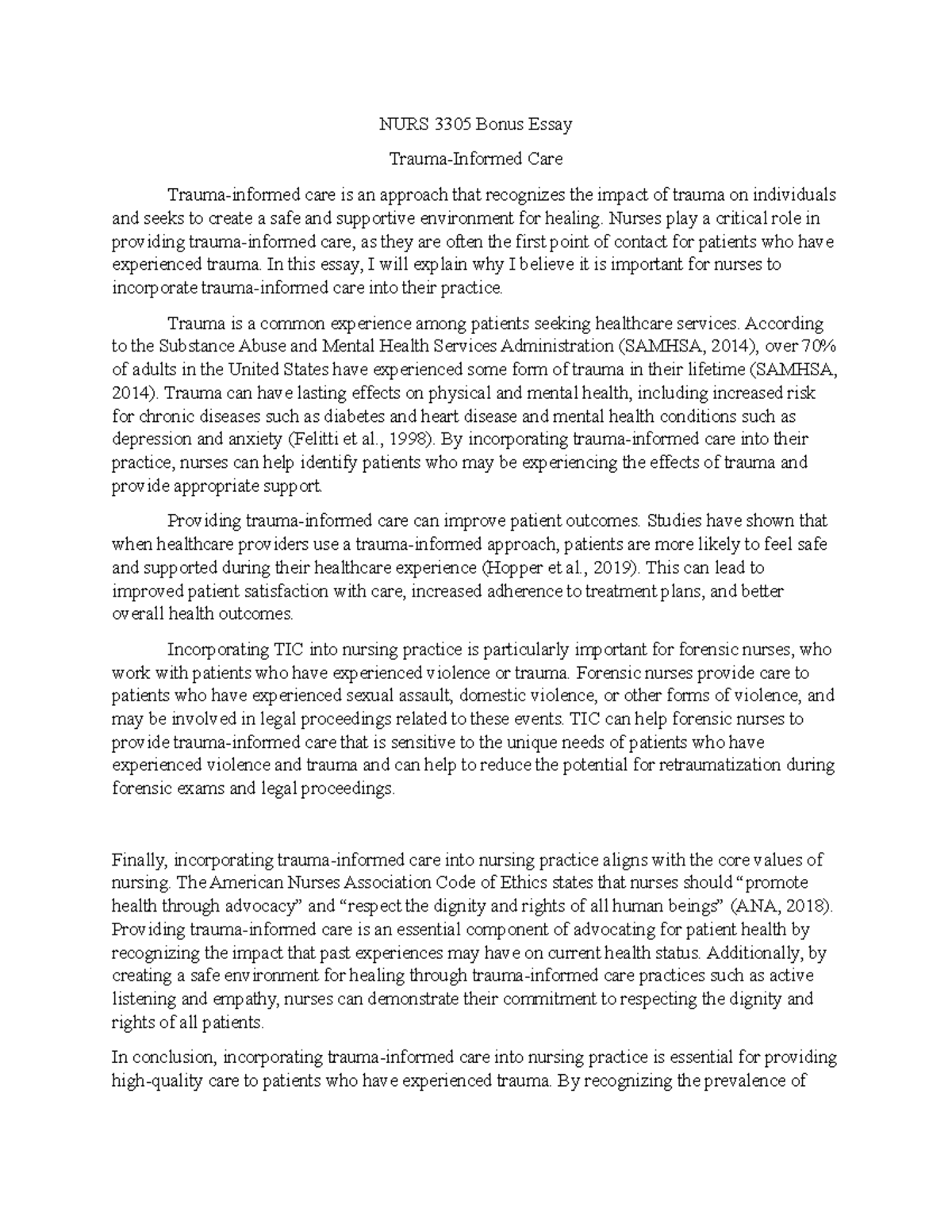NURS 3305 Bonus TIC essay - NURS 3305 Bonus Essay Trauma-Informed Care ...
