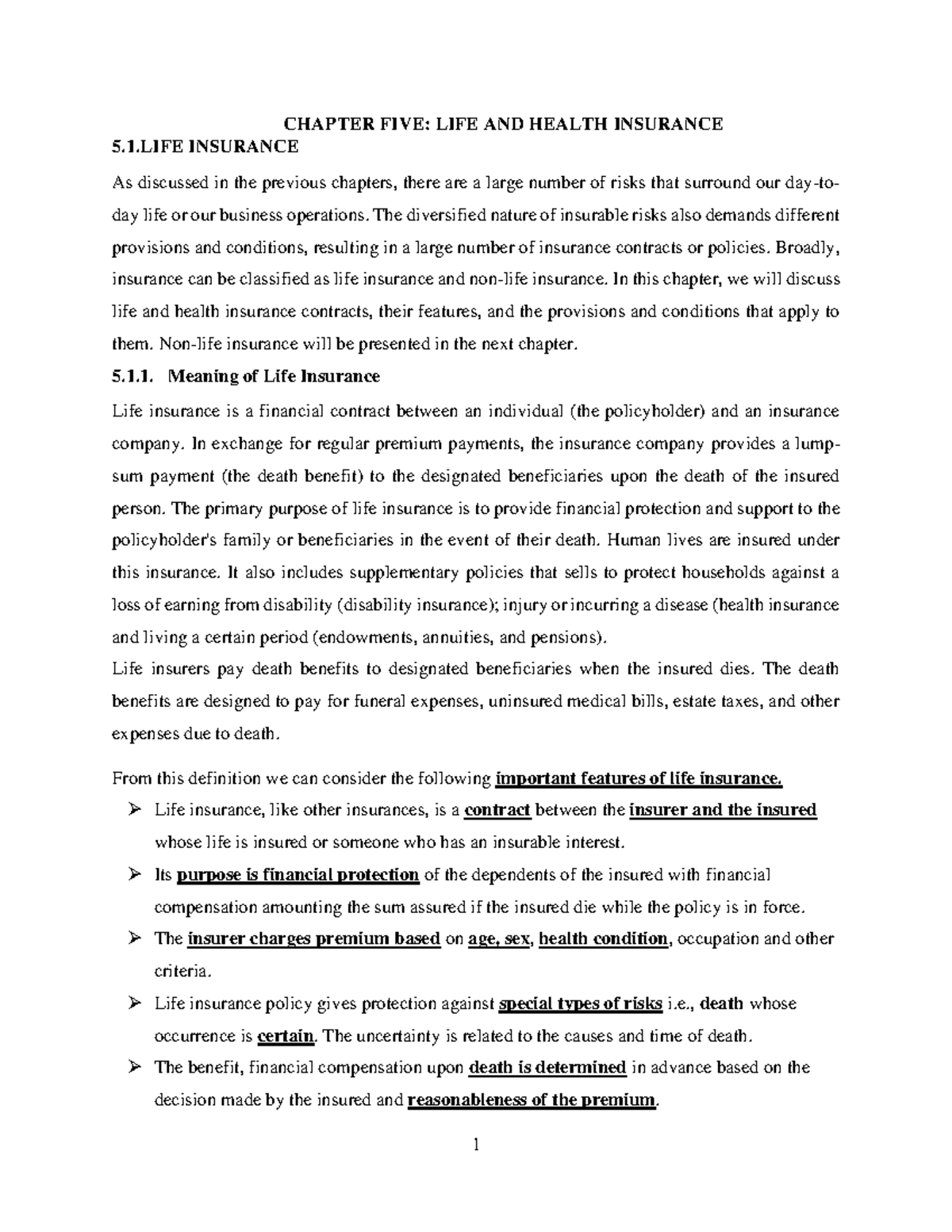 CH5 Life Insurance - risk - CHAPTER FIVE: LIFE AND HEALTH INSURANCE 5.1 ...