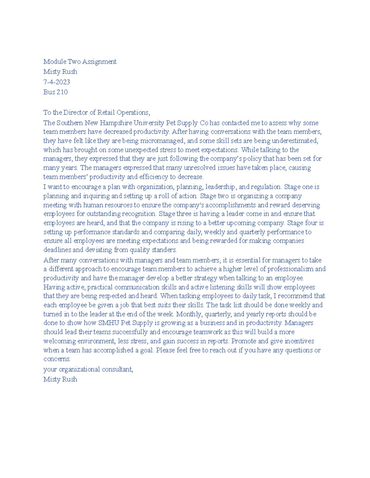 BUS 210 Module Two Assignment - Module Two Assignment Misty Rush 7-4 ...