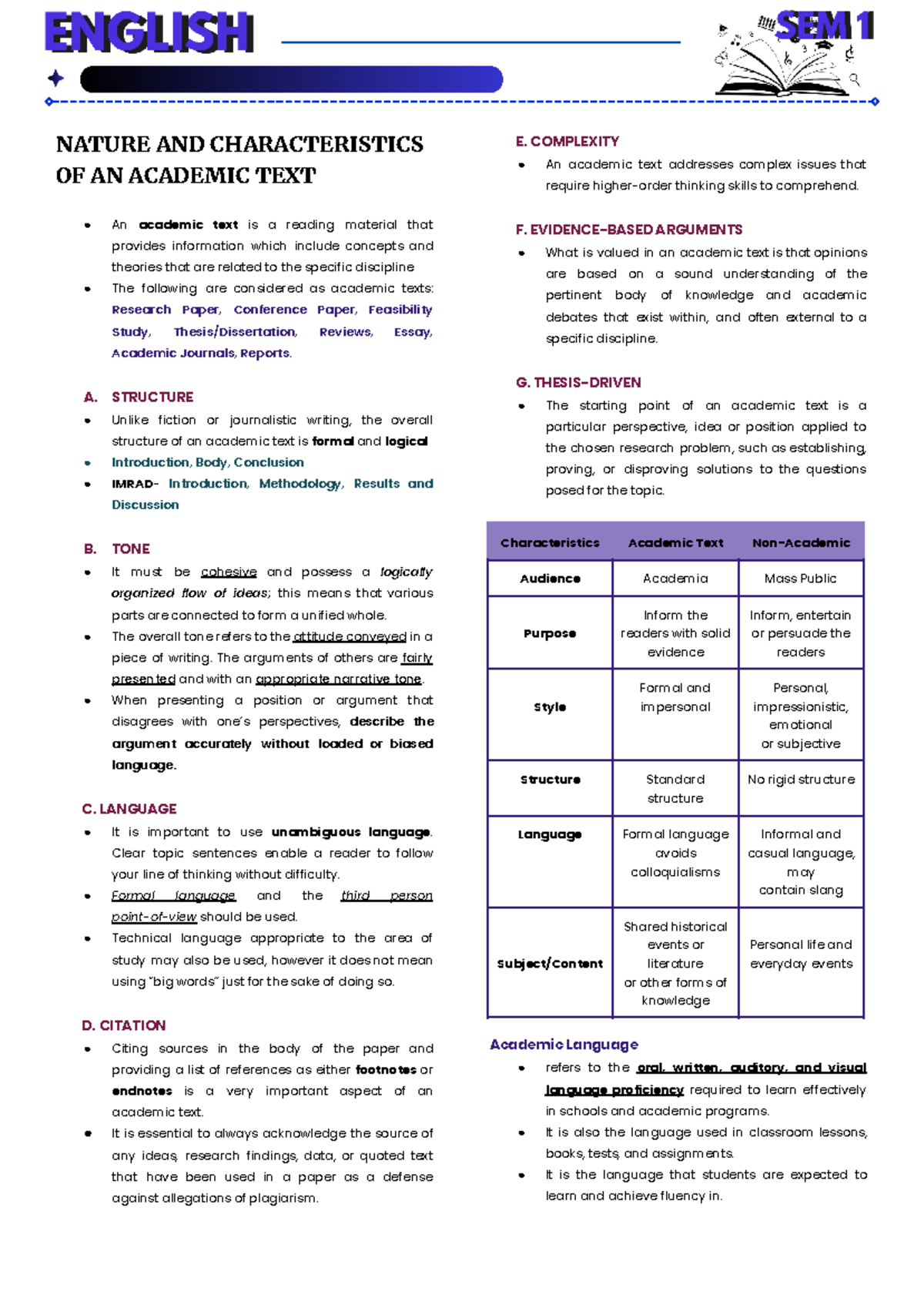 ENG - ENGLISH REVIEWER - NATURE AND CHARACTERISTICS OF AN ACADEMIC TEXT ...
