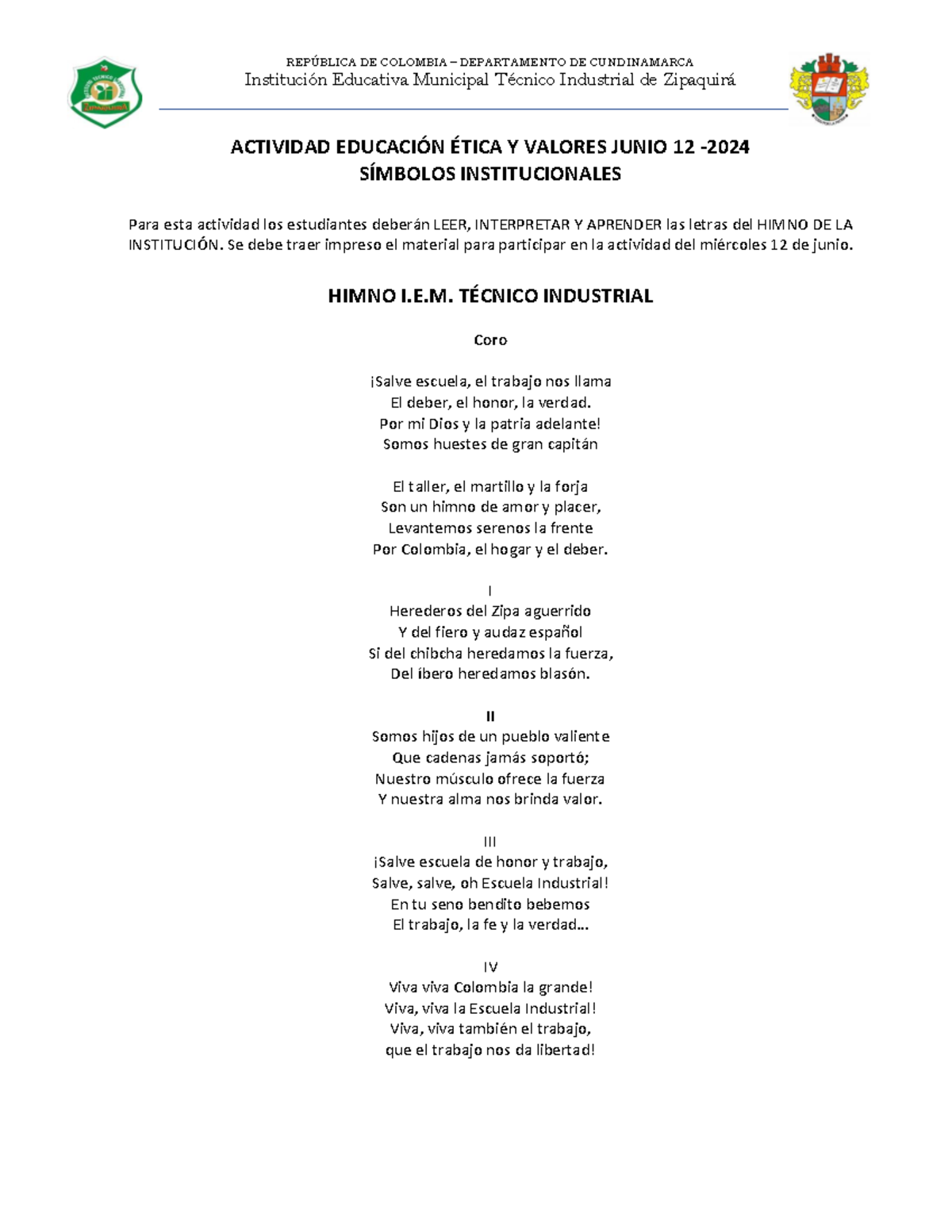 Actividad Educación Ética Y Valores Junio 4 Himno ITIZ - REPÚBLICA DE ...